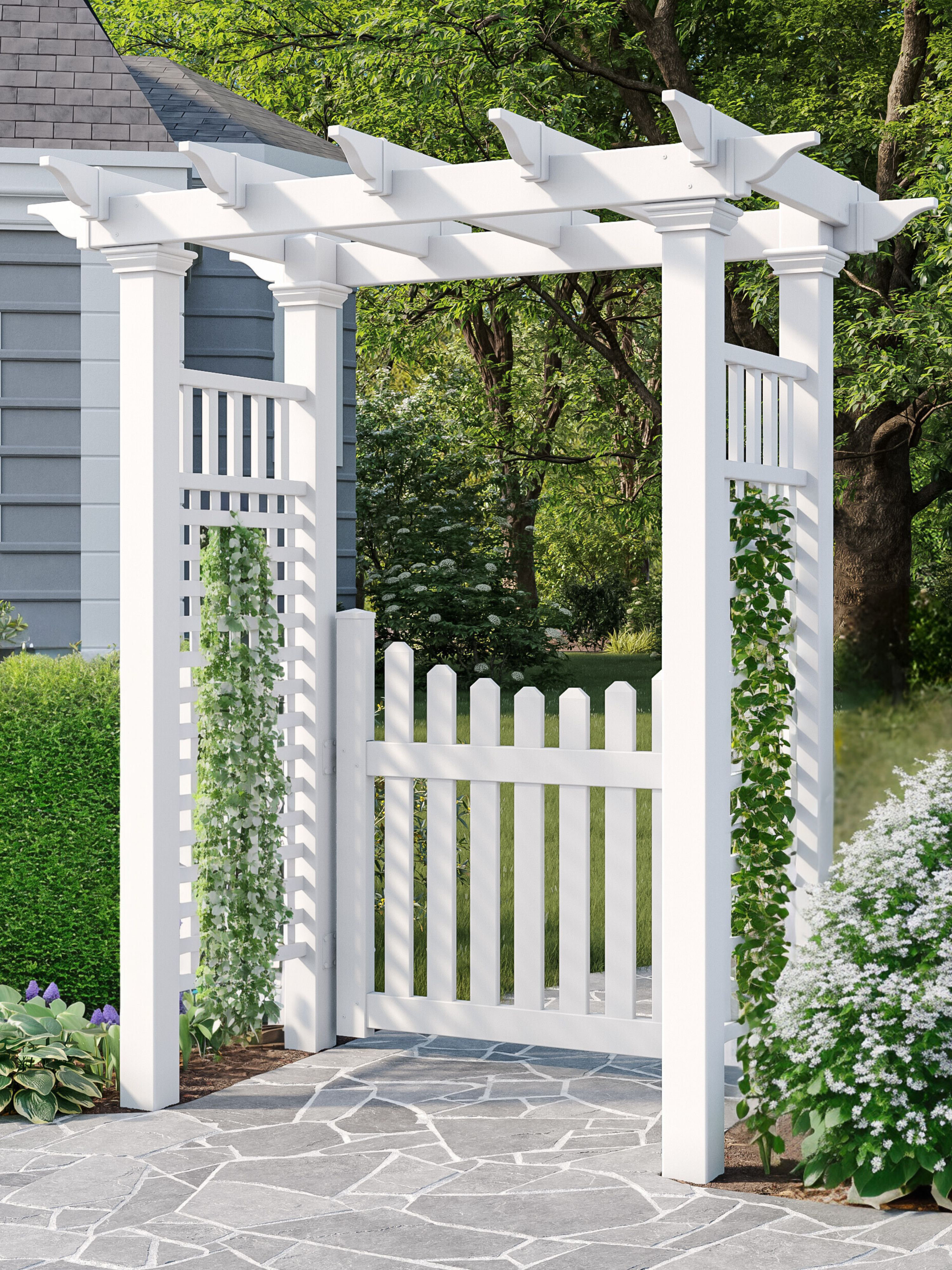 Vita 58" W x 32" D Polyvinyl Chloride (PVC) Arbor with Gate in White ...