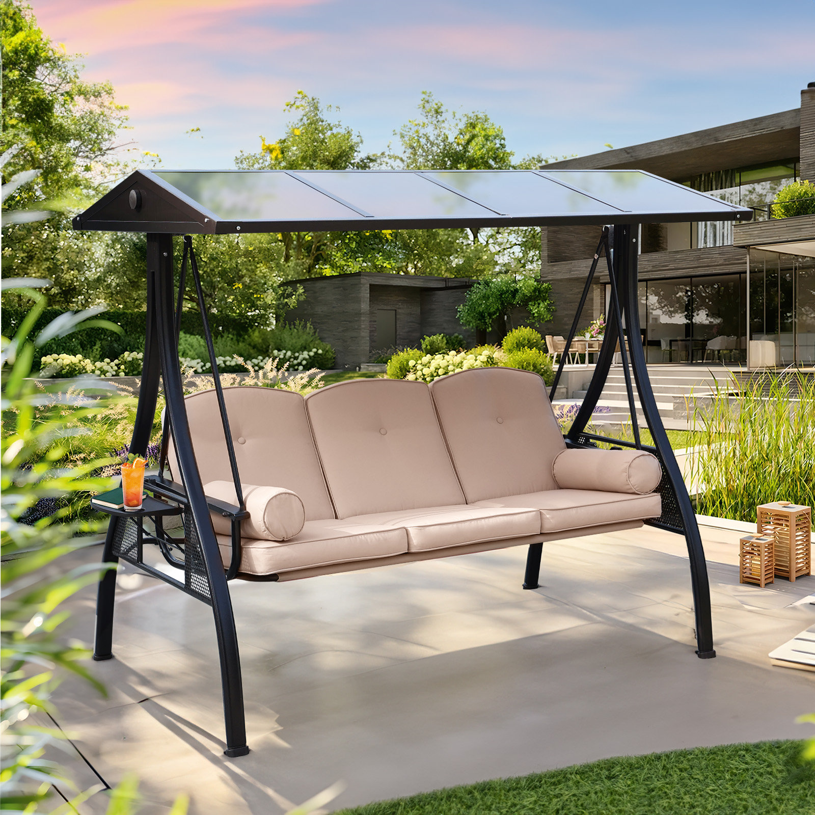 17 Stories Outdoor Porch Swing with Polycarbonate Canopy, 3-Seat Patio ...