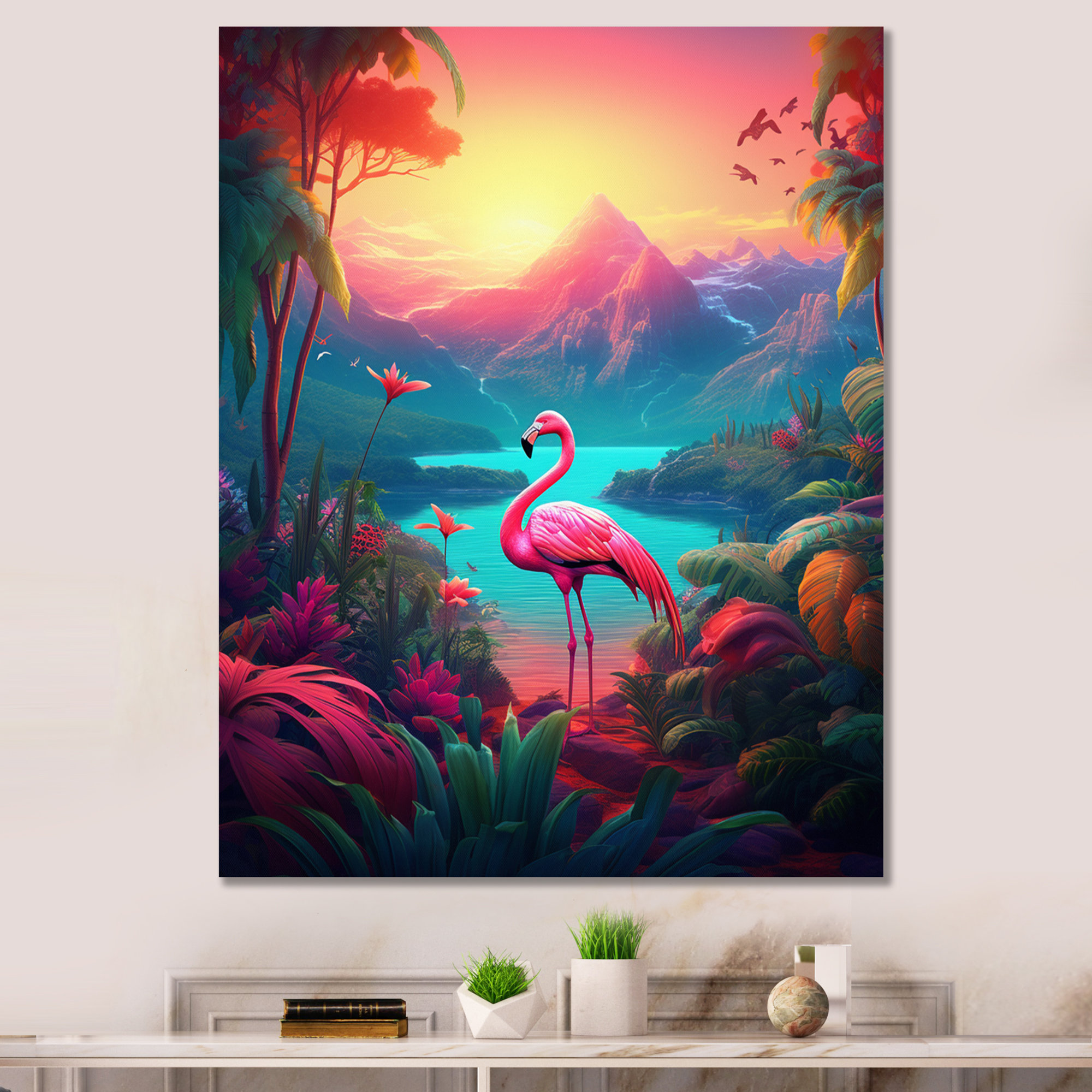 Bay Isle Home™ Pink Flamingo In Tropical Landscape | Wayfair