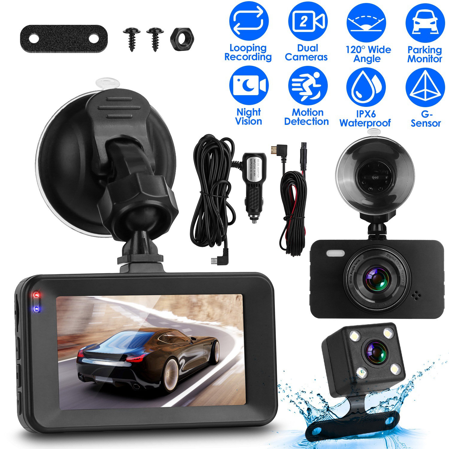 Edge Collections 1080P Dual Dash Cam 3in Screen Front Rear Camera G ...