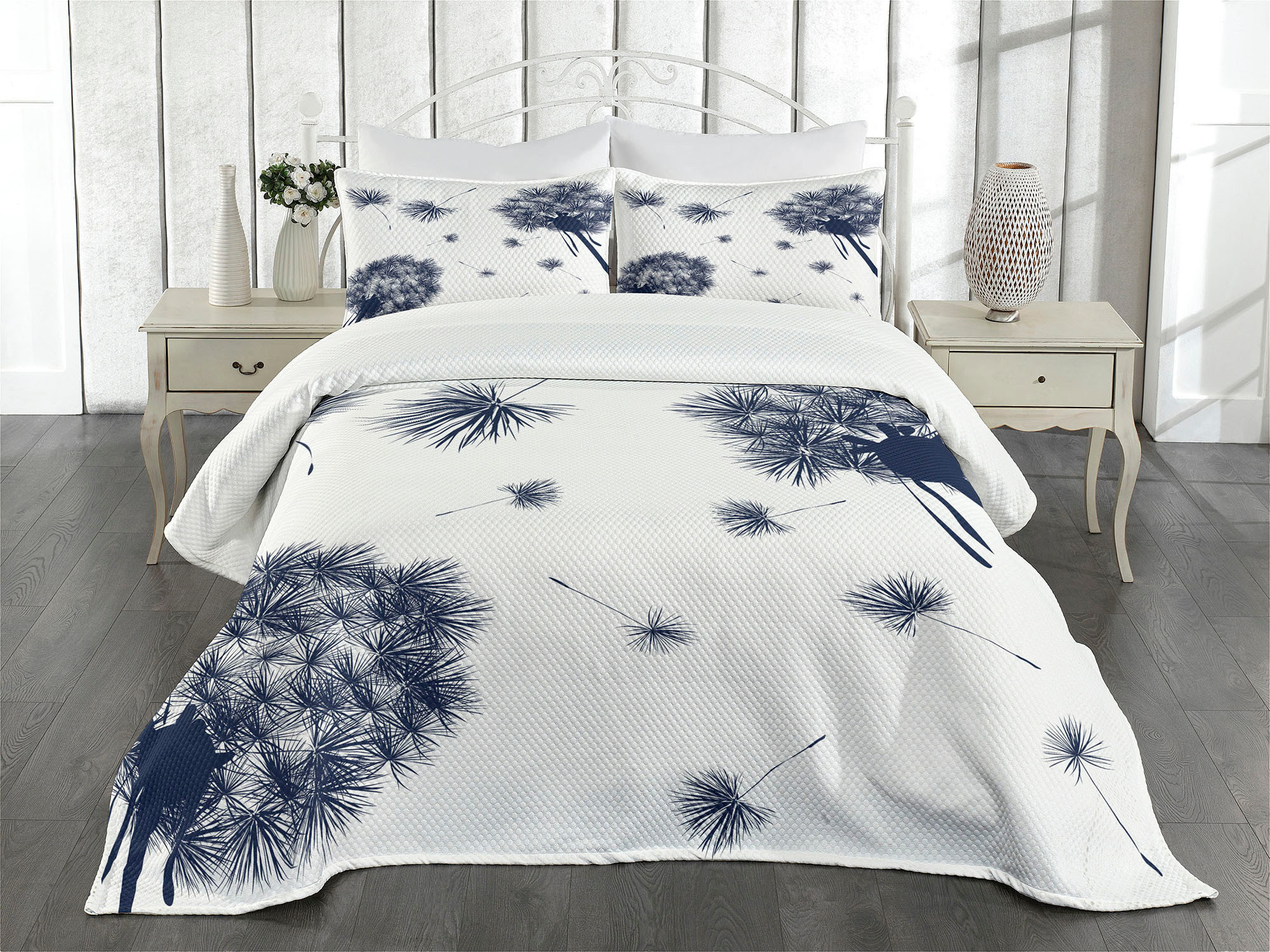 Ambesonne Dandelion Bedspread Set Flying Flower Elements Indigo and ...