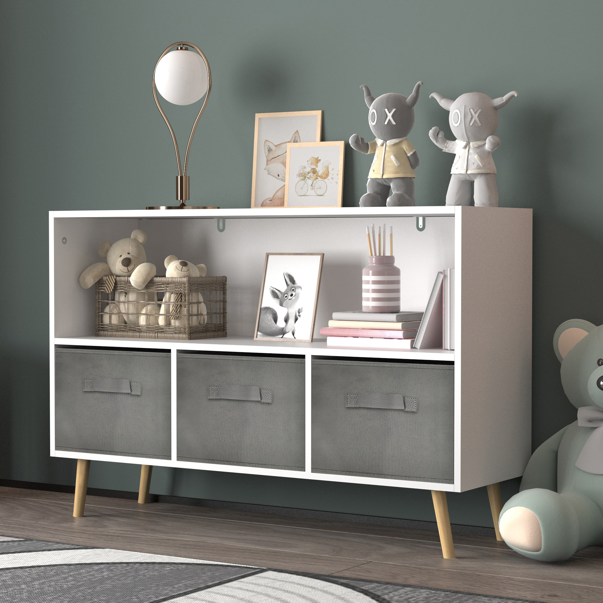 Ebern Designs Luretha Bookcase with Collapsible Fabric Drawers Children ...