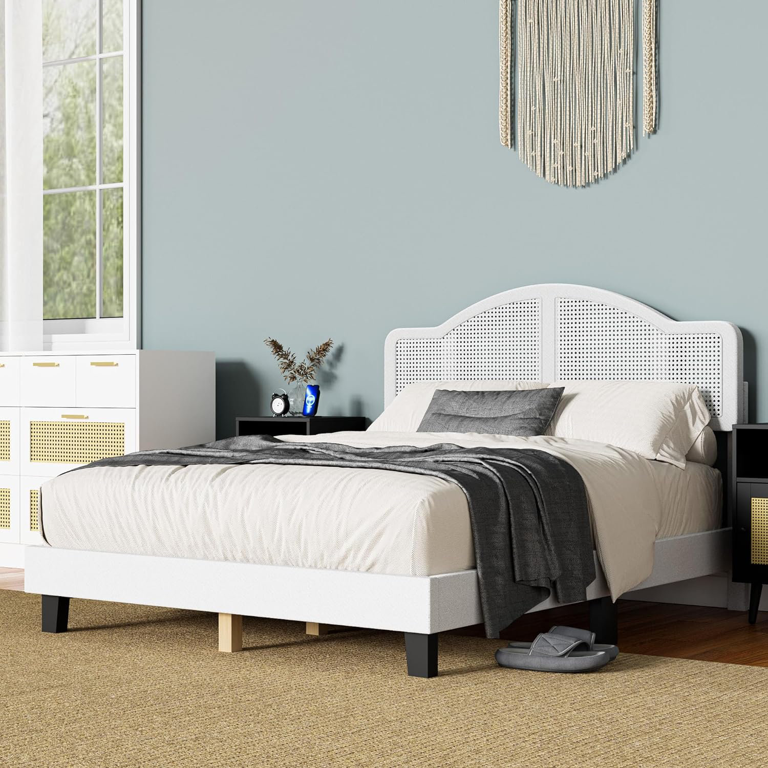 Winston Porter Siegwald Rattan Bed Frame with Adjustable Headboard and ...