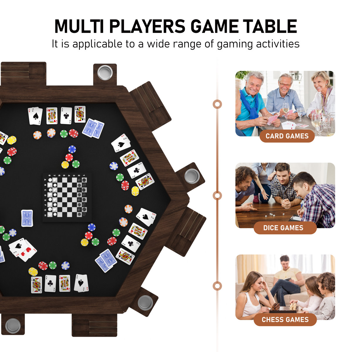 Veikous Hexagonal Solid Wood Board Game Table For 4–6 With Removable ...
