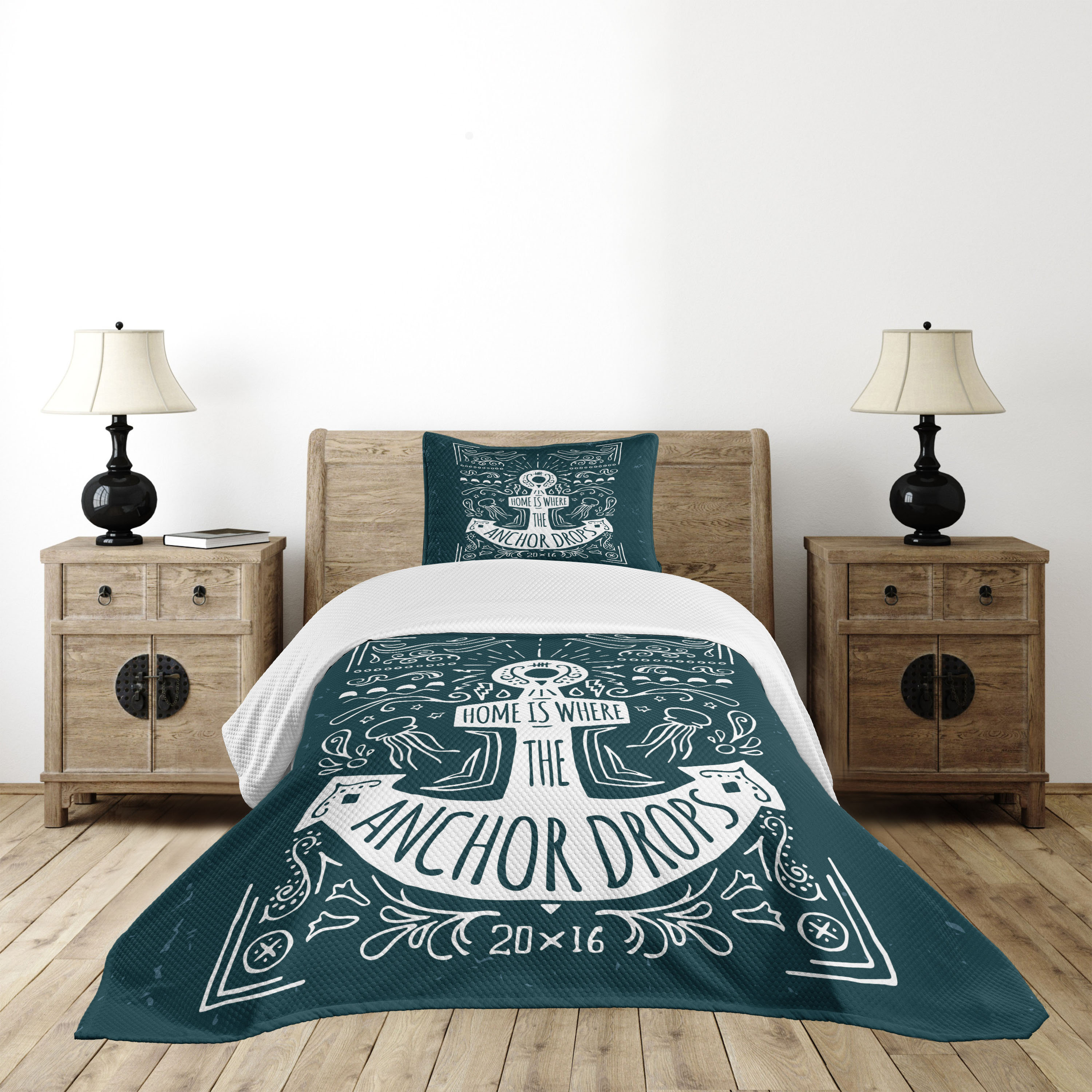 Ambesonne Anchor Bedspread Set Hand Drawn Hipster Dark Blue White | Wayfair