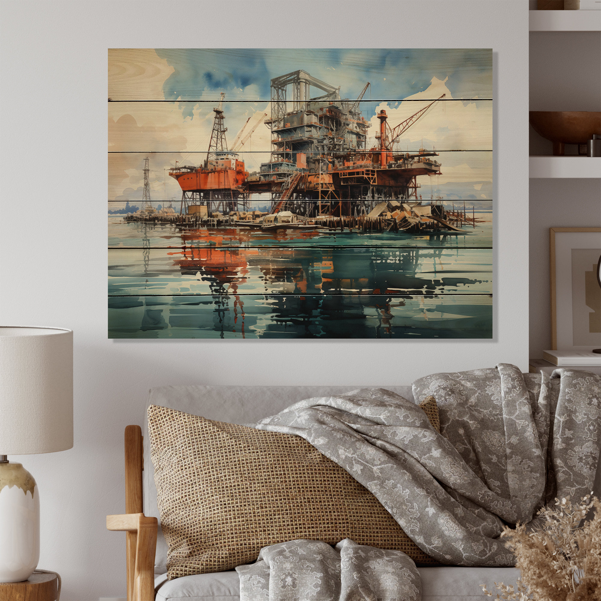 Rosecliff Heights Teal Oil Rigs Fields Offshore II On Wood Print | Wayfair