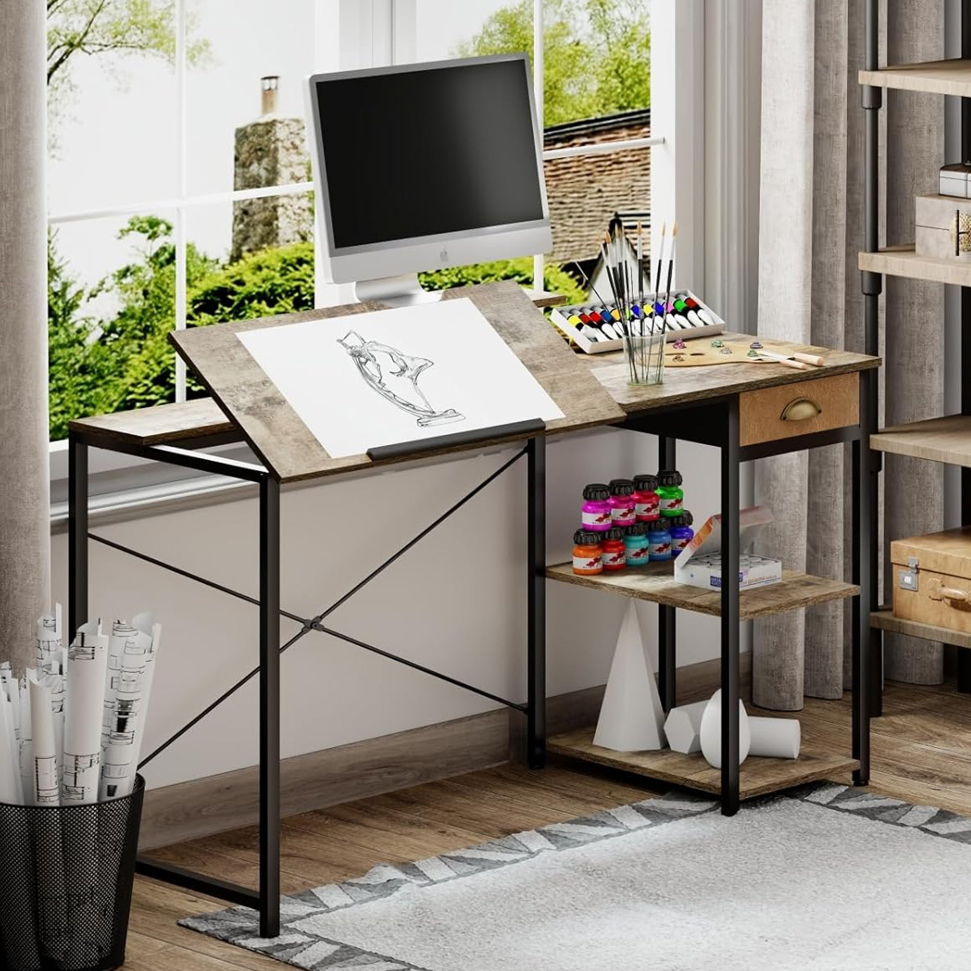 17 Stories 43" Home Office Desk with Monitor Stand, Adjustable and Tilt ...