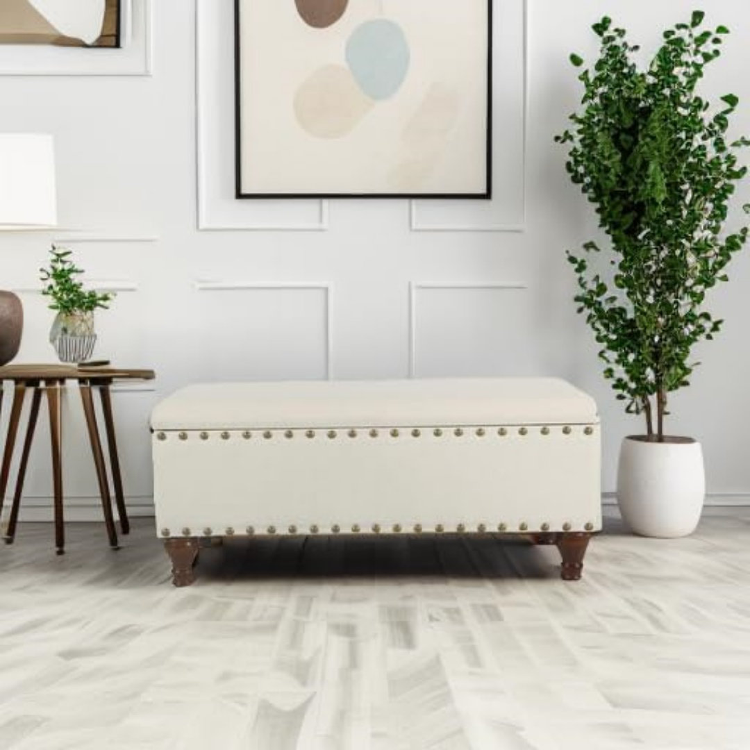 Red Barrel Studio® Large Storage Bench With Nailhead Trim - Cream | Wayfair