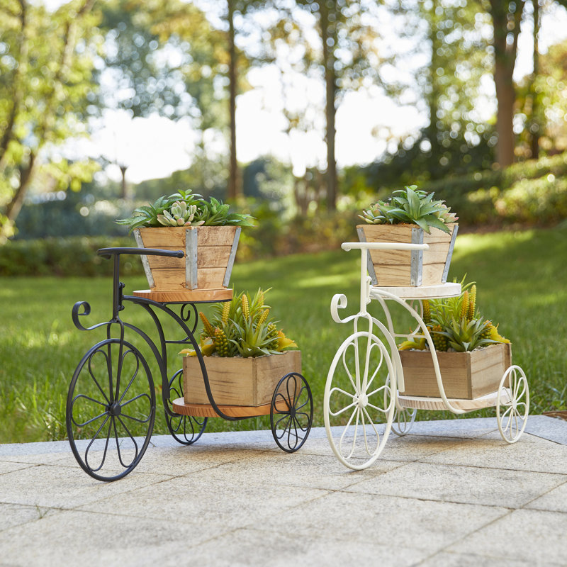 Glitzhome 24"L Metal Tricycle Planter Stand With Natural Solid Wood ...