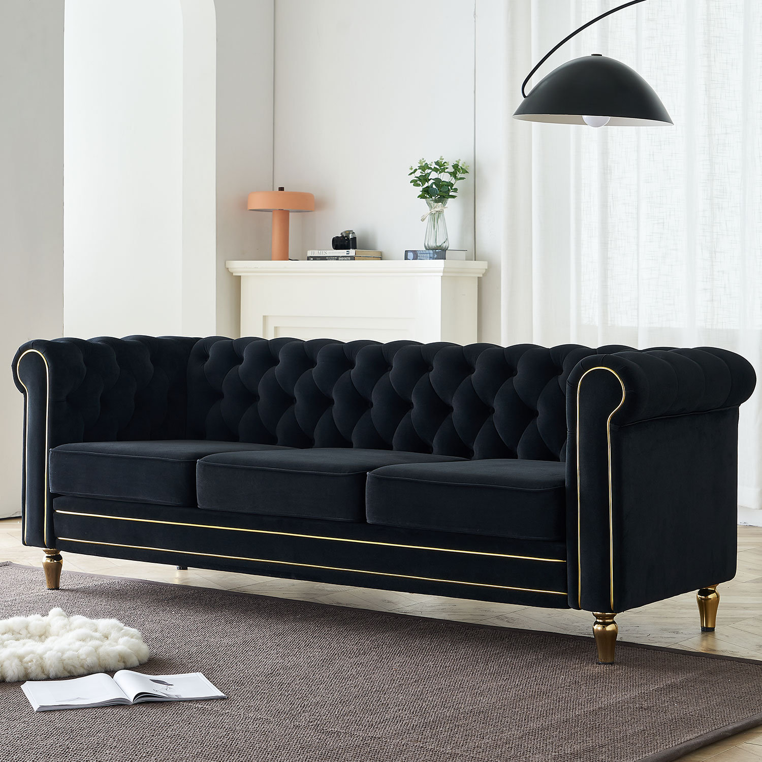 House of Hampton® Gevon 84.65" Velvet Roll Arm Sofa, Chesterfield Sofa ...
