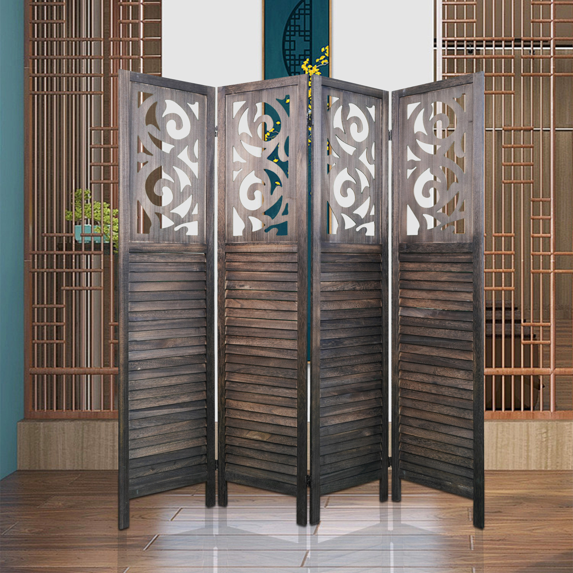 August Grove® 6ft. Wooden Carved Folding Room Dividers In Rustic Brown ...