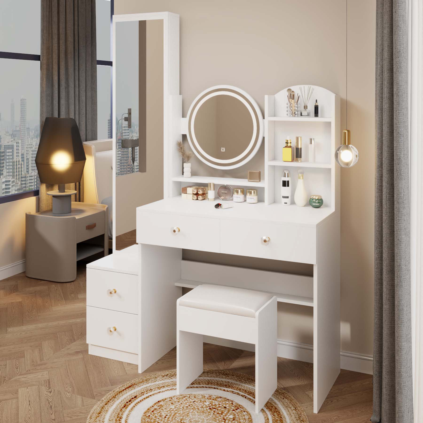 Latitude Run® Full Body Mirror Cabinet with LED Vanity Table and Cushioned Stool, Adjustable ...
