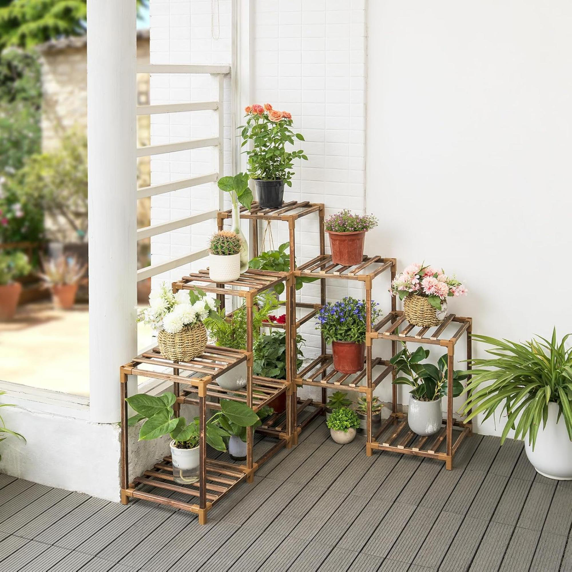 Arlmont & Co. Wood Plant Stand Indoor Outdoor Corner Plant Shelf Stand ...