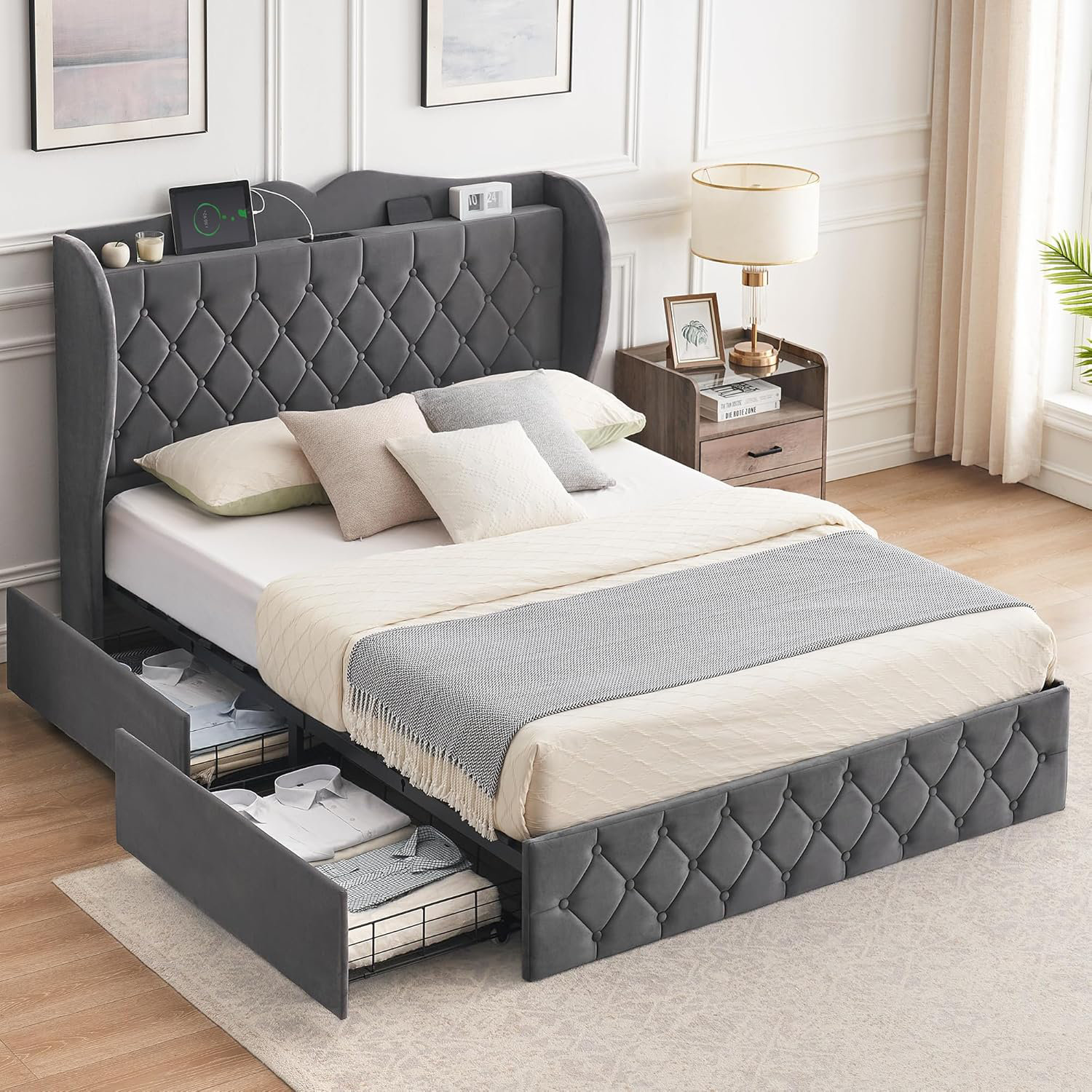 House of Hampton Bed Frame With 4 Storage Drawers And Charging Station ...