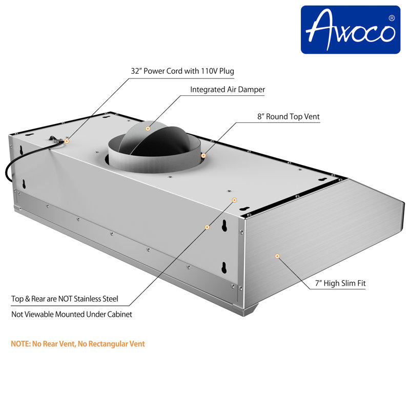 Awoco 30" 1000 CFM Ducted Under Cabinet Range Hood in Stainless Steel ...