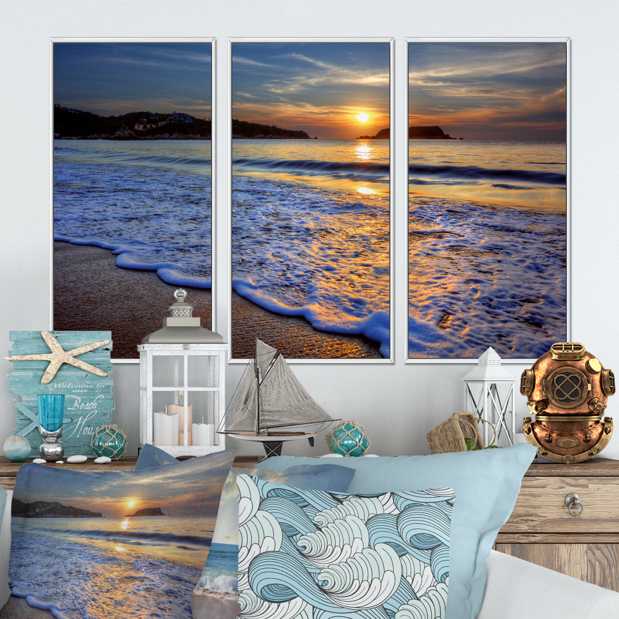 Highland Dunes Calm Seashore With Blue Waves - Sea & Shore Framed ...