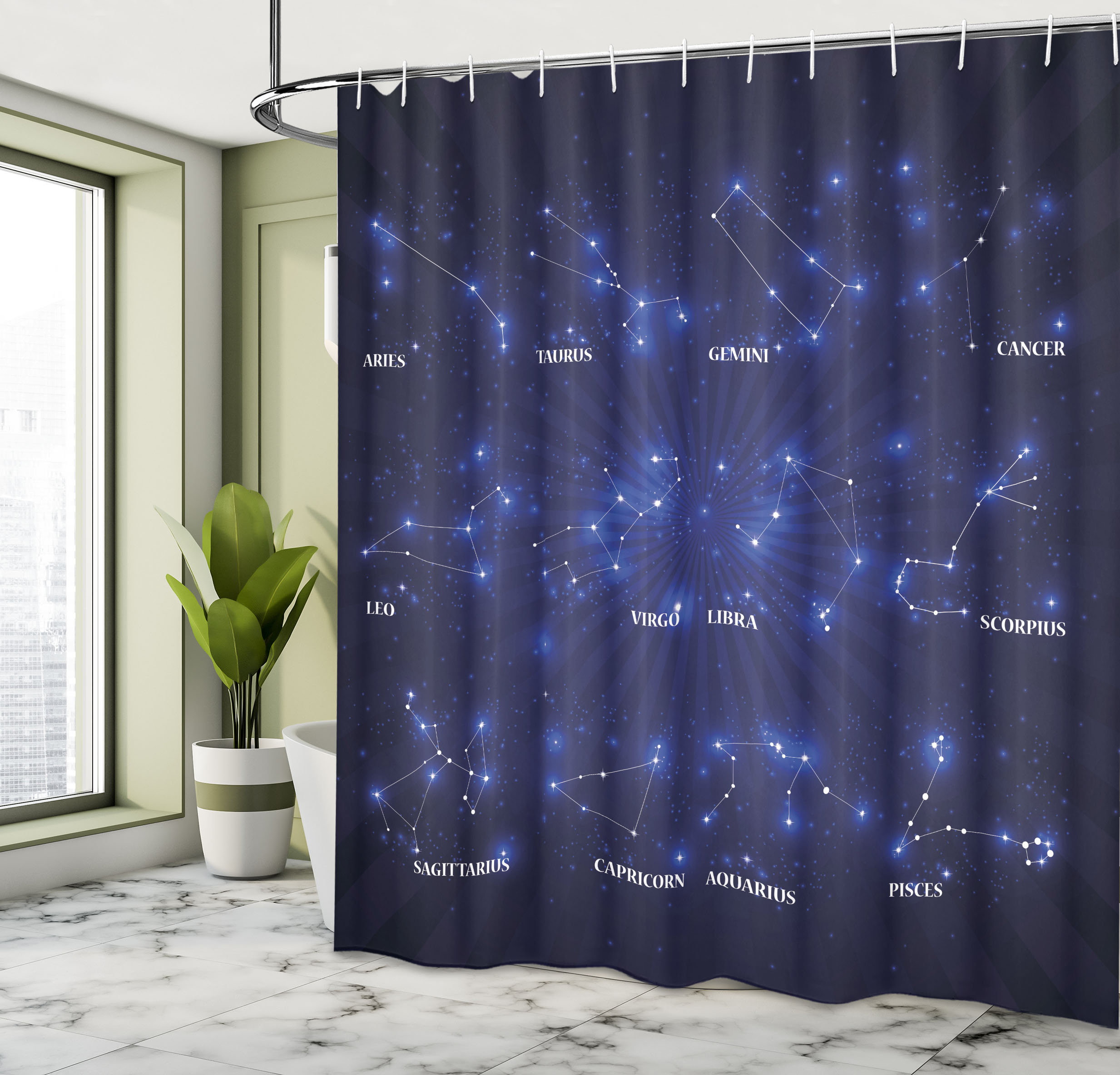 East Urban Home Constellation Shower Curtain Astrology Stars Pale Blue Indigo White | Wayfair