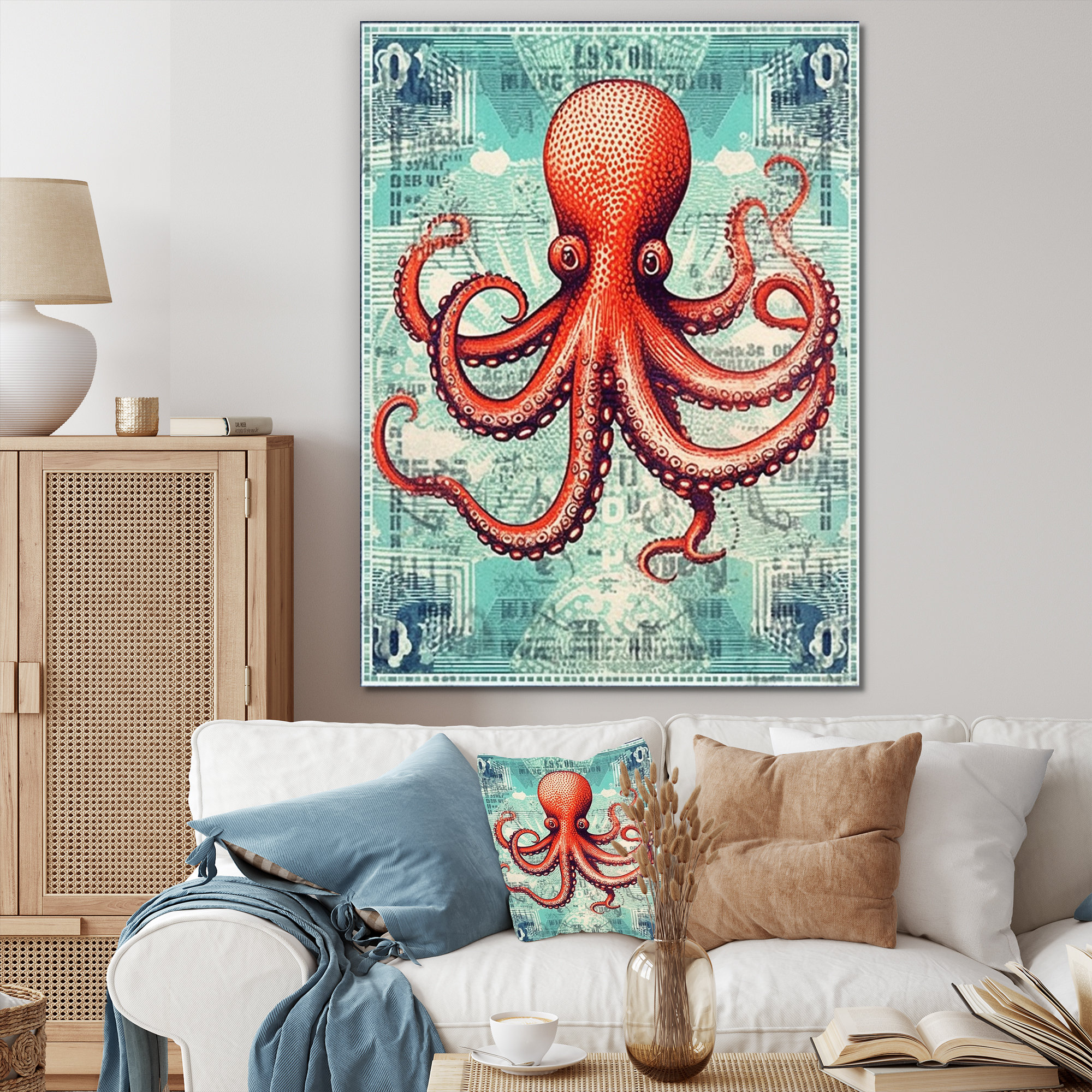 Highland Dunes Retro Stamp Portrait Of Red Octopus - Animals Octopus ...
