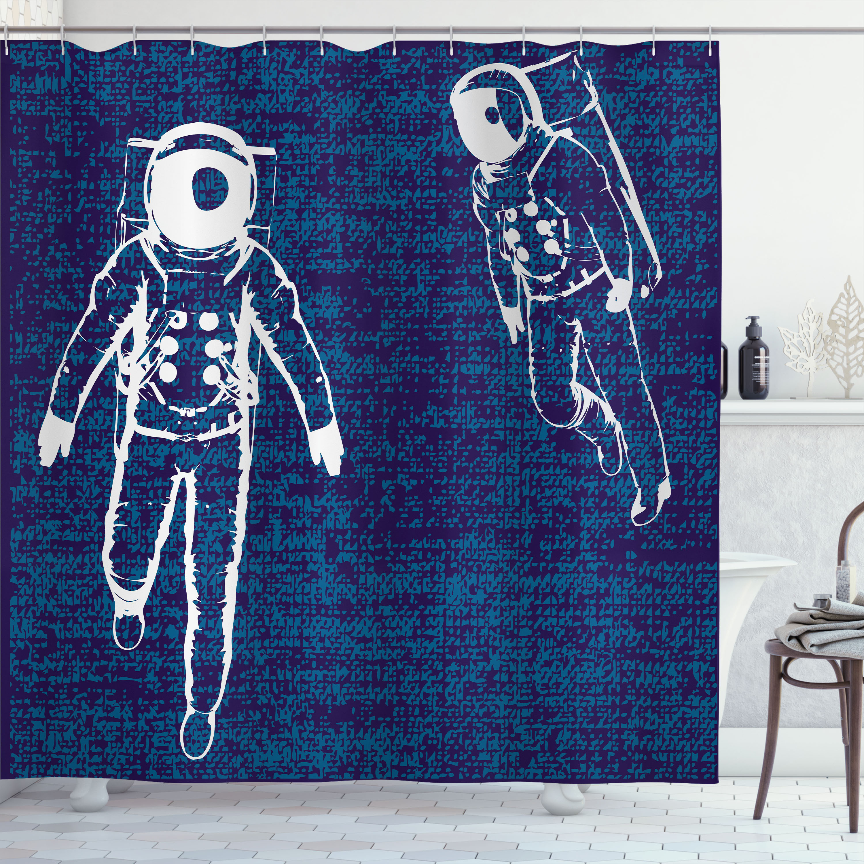 Ivy Bronx Astronaut Shower Curtain Astronauts Floating White Dark Blue ...