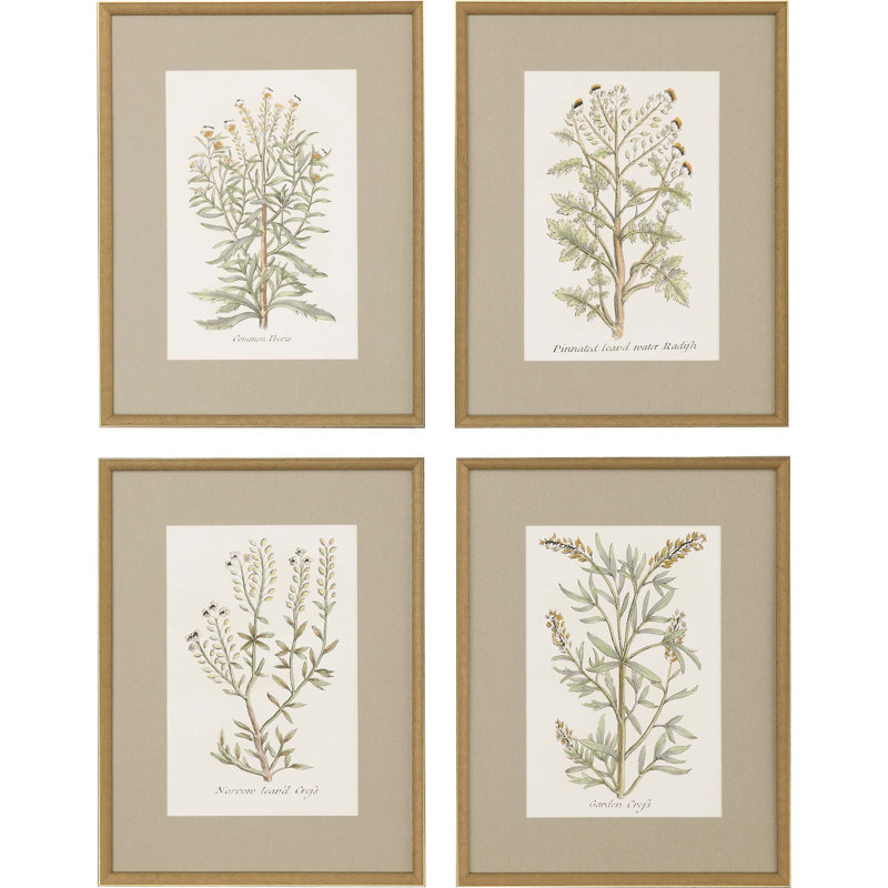 HomeRoots Set Of Four Botanical Plants Gold Framed Print Wall Art | Wayfair