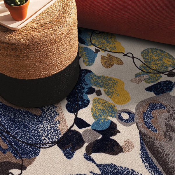 Ebern Designs Dichiera Floral Brown/Navy/Cream Non-Slip Rubberback Area ...