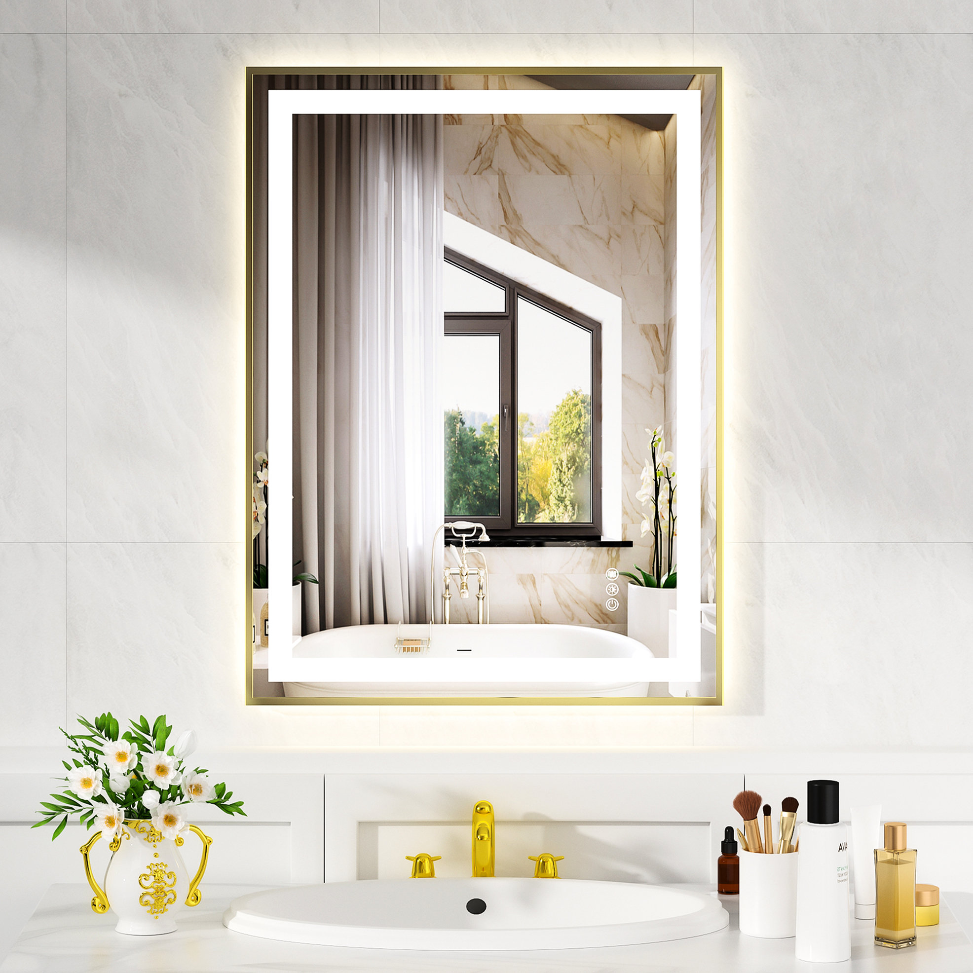 Ivy Bronx 28X36" Gold - Framed Tempered Mirror, Dual Led Lights, Front ...