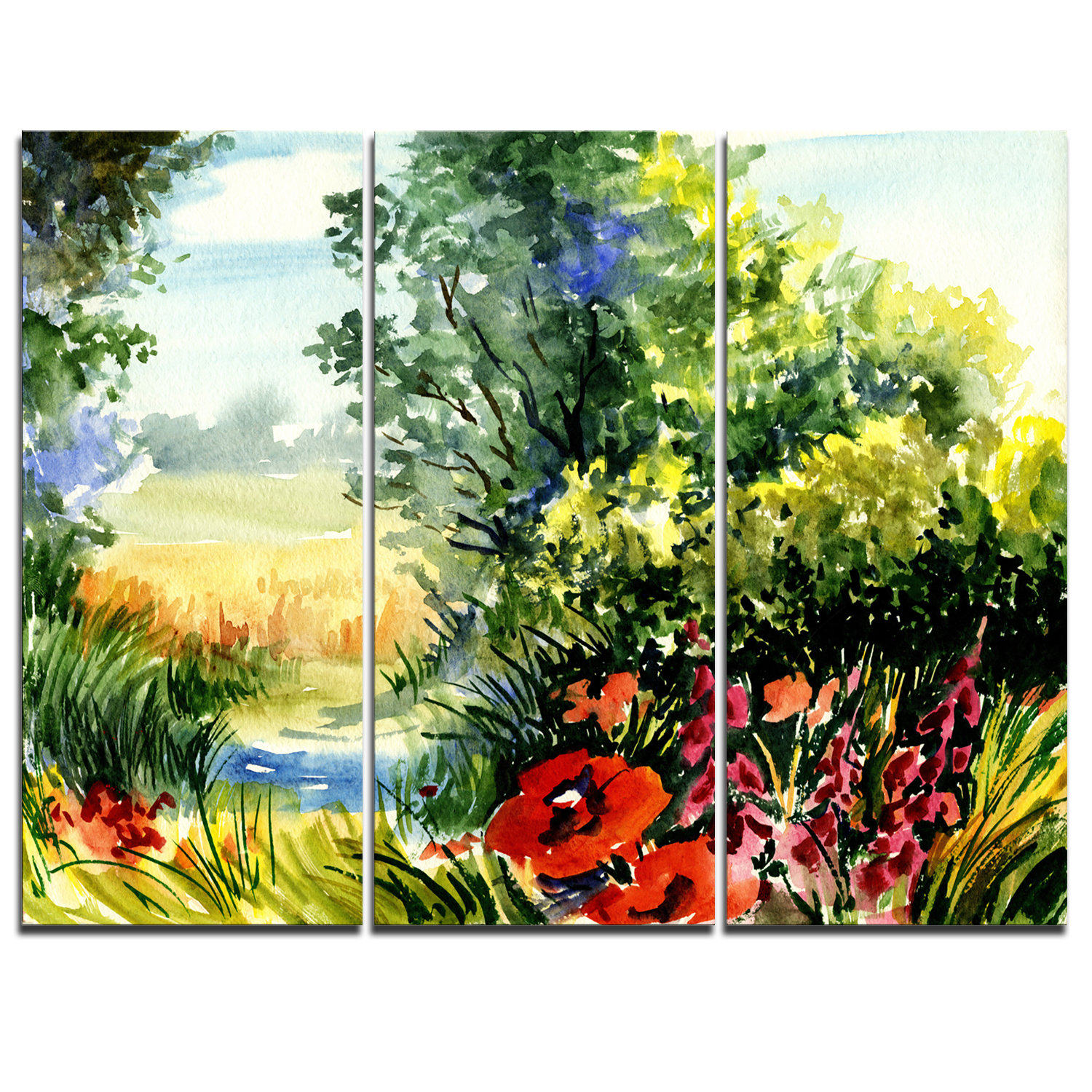 Design Art Watercolor Landscape with Flowers - 3 Piece Graphic Art on ...