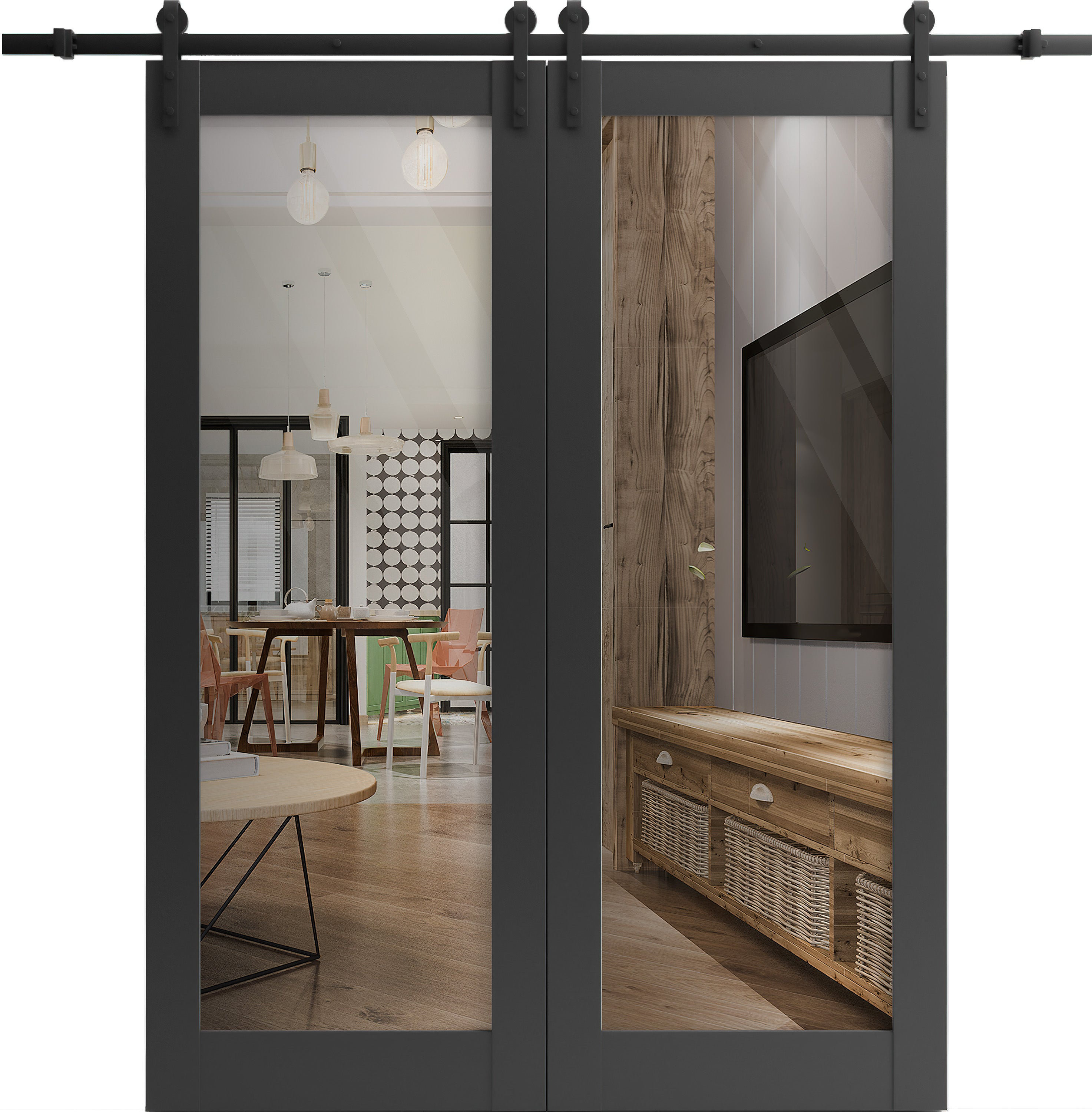 SARTODOORS Sturdy Double Barn Door, Lucia 2166 Matte Black Clear Glass ...