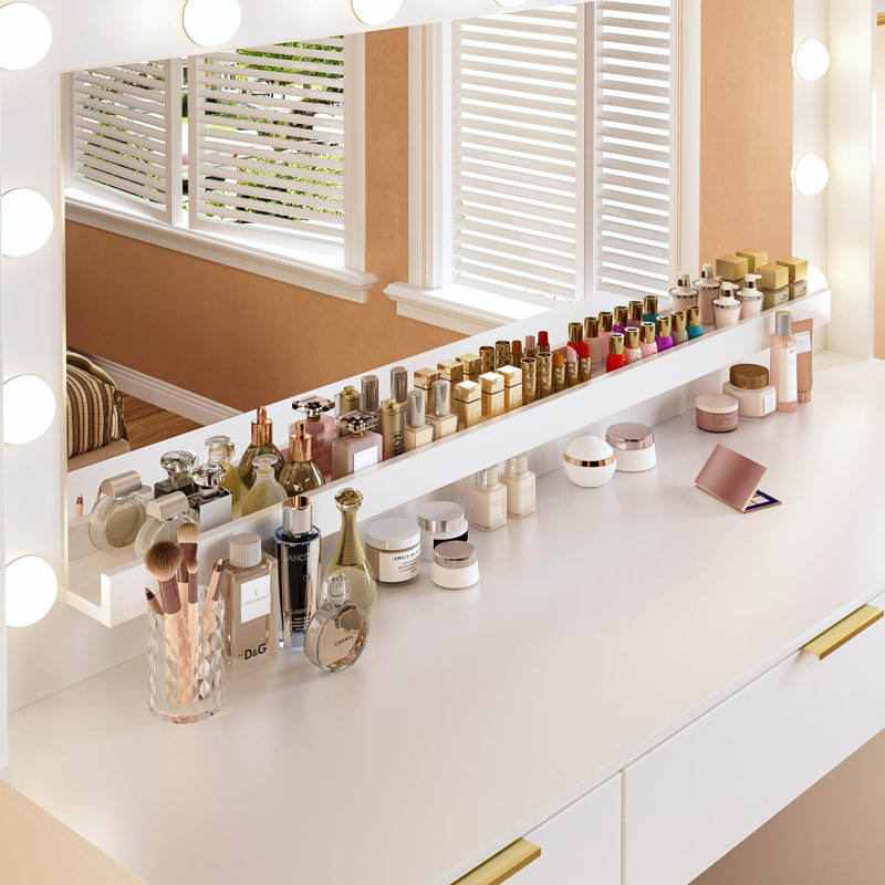 Ebern Designs Vanity Desk With Large Mirror And Lights, 9 Drawer, Power ...