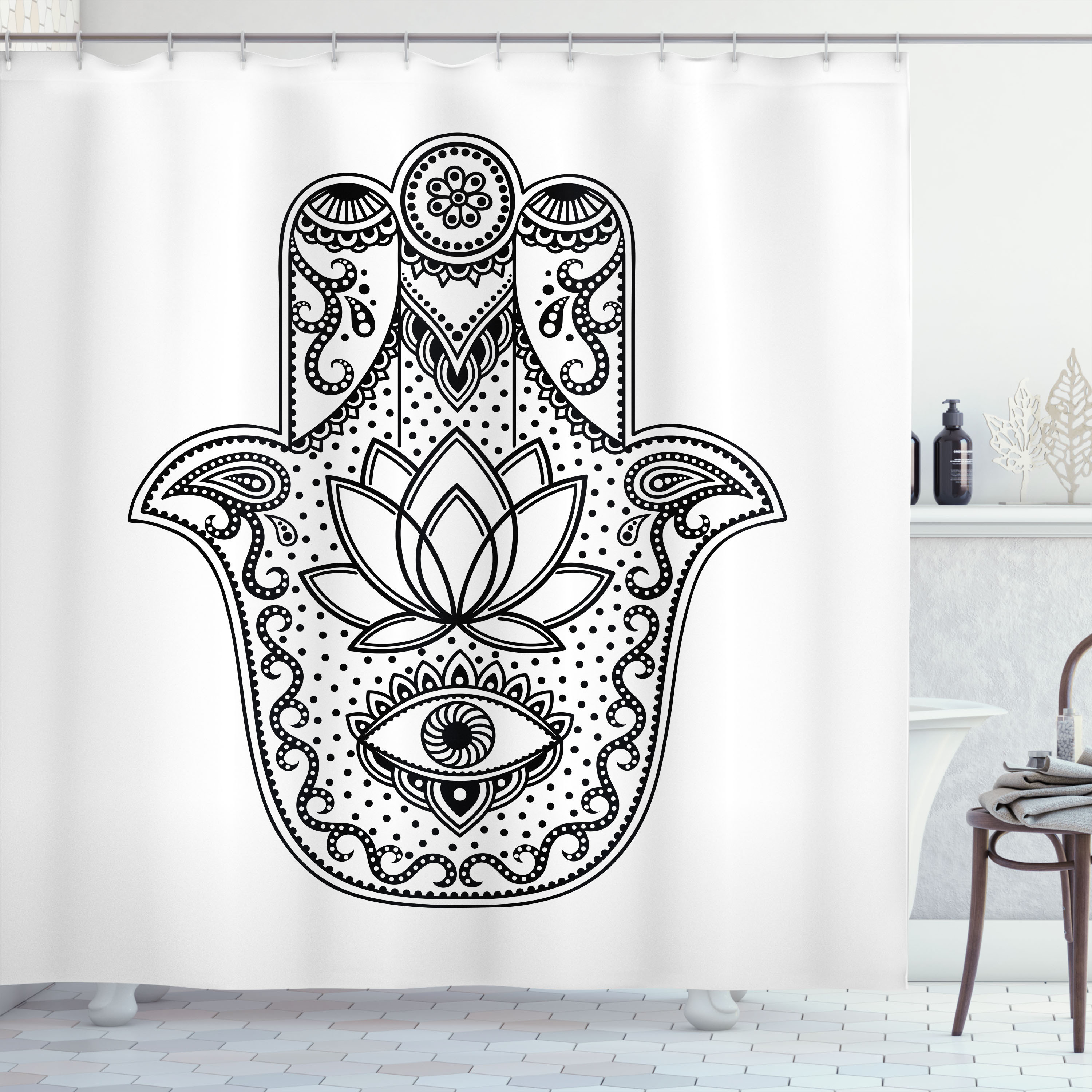 East Urban Home Evil Eye Shower Curtain Lotus Black and White | Wayfair
