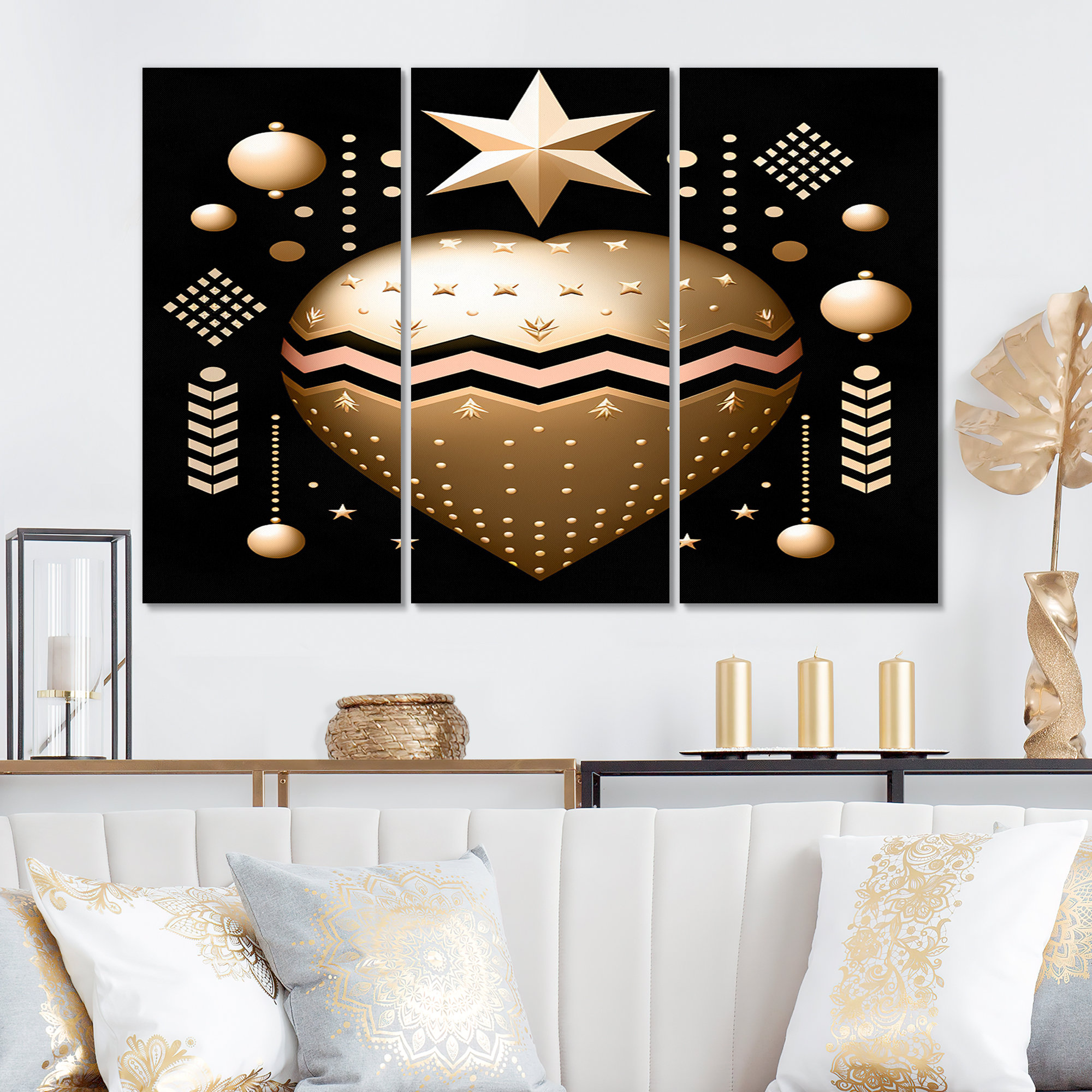 Red Barrel Studio® Golden Geometric Glam Heart On Canvas 3 Pieces Print ...