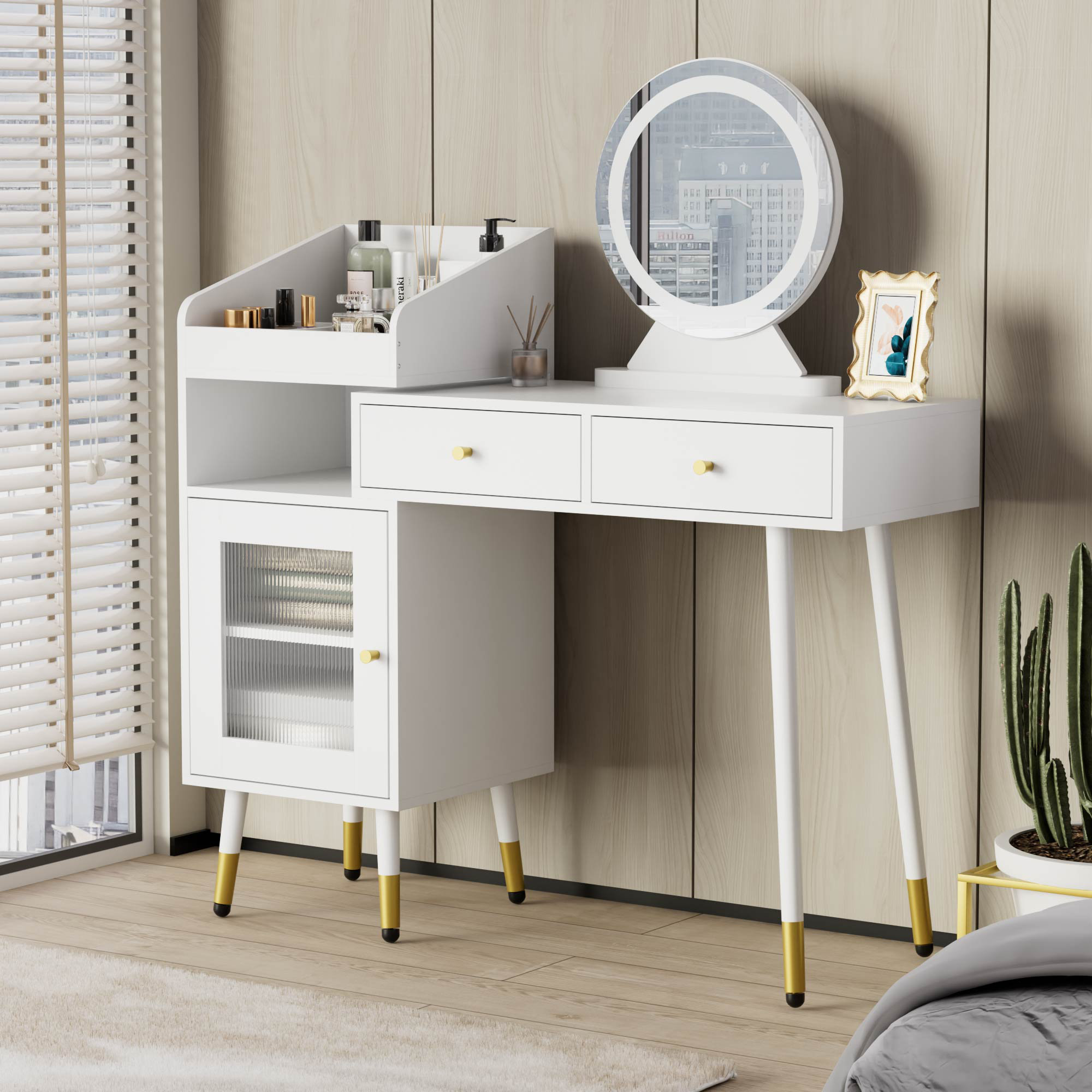 Mercer41 Stassia Vanity Desk with Lighted Mirror, Modern Makeup Desk ...