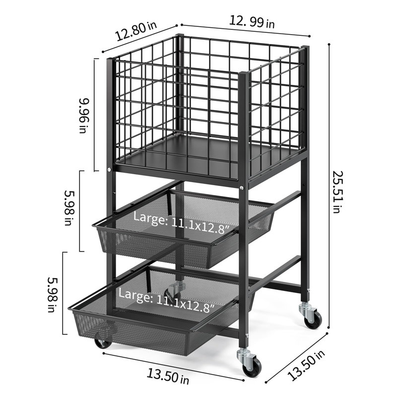 BBCPC 3-Tier Rolling File Cart with Sliding Trays, Metal Storage ...