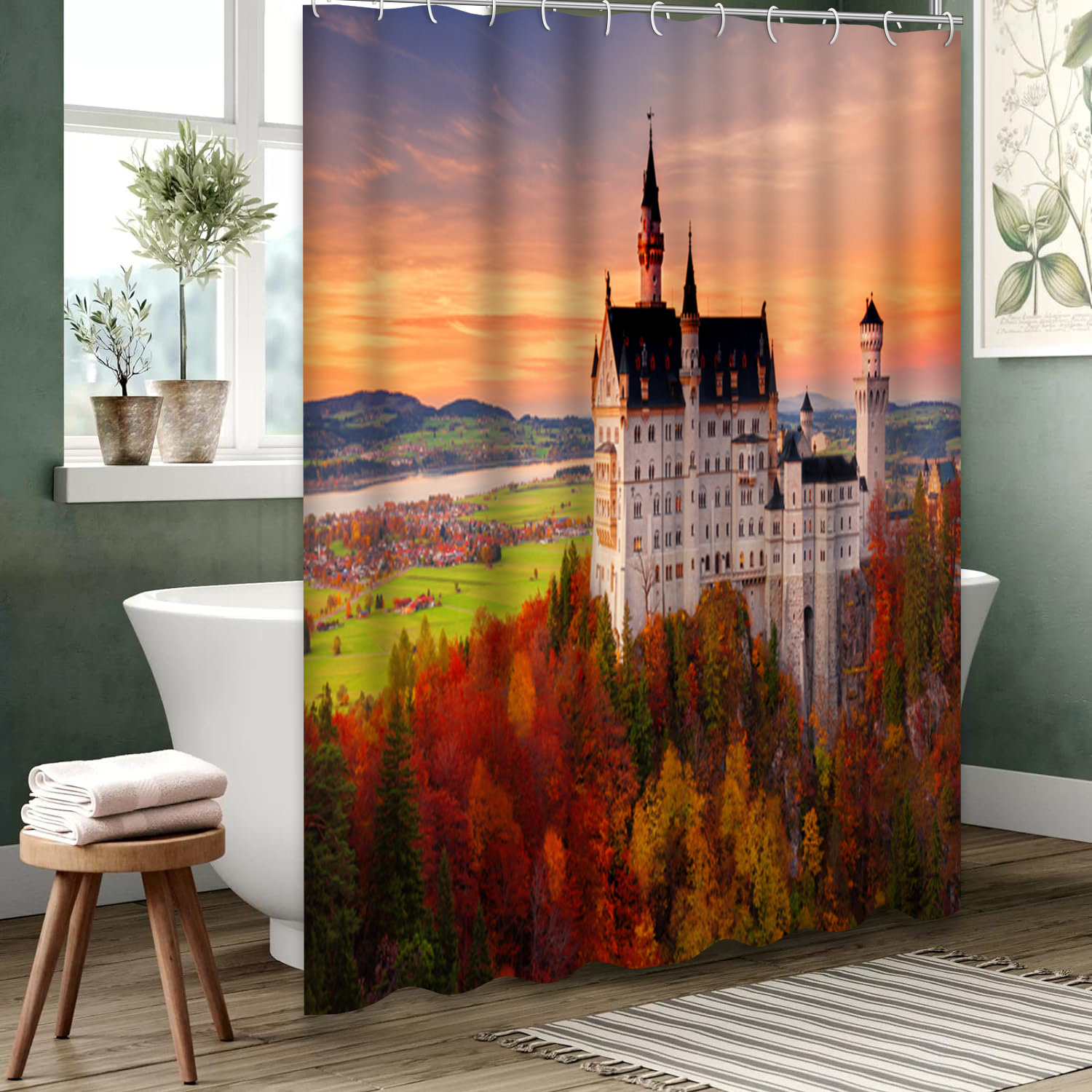 FYATHM Sky Autumn Waterproof Shower Curtain,Scenic Sunset Neuschwanstein Castle with Colorful ...
