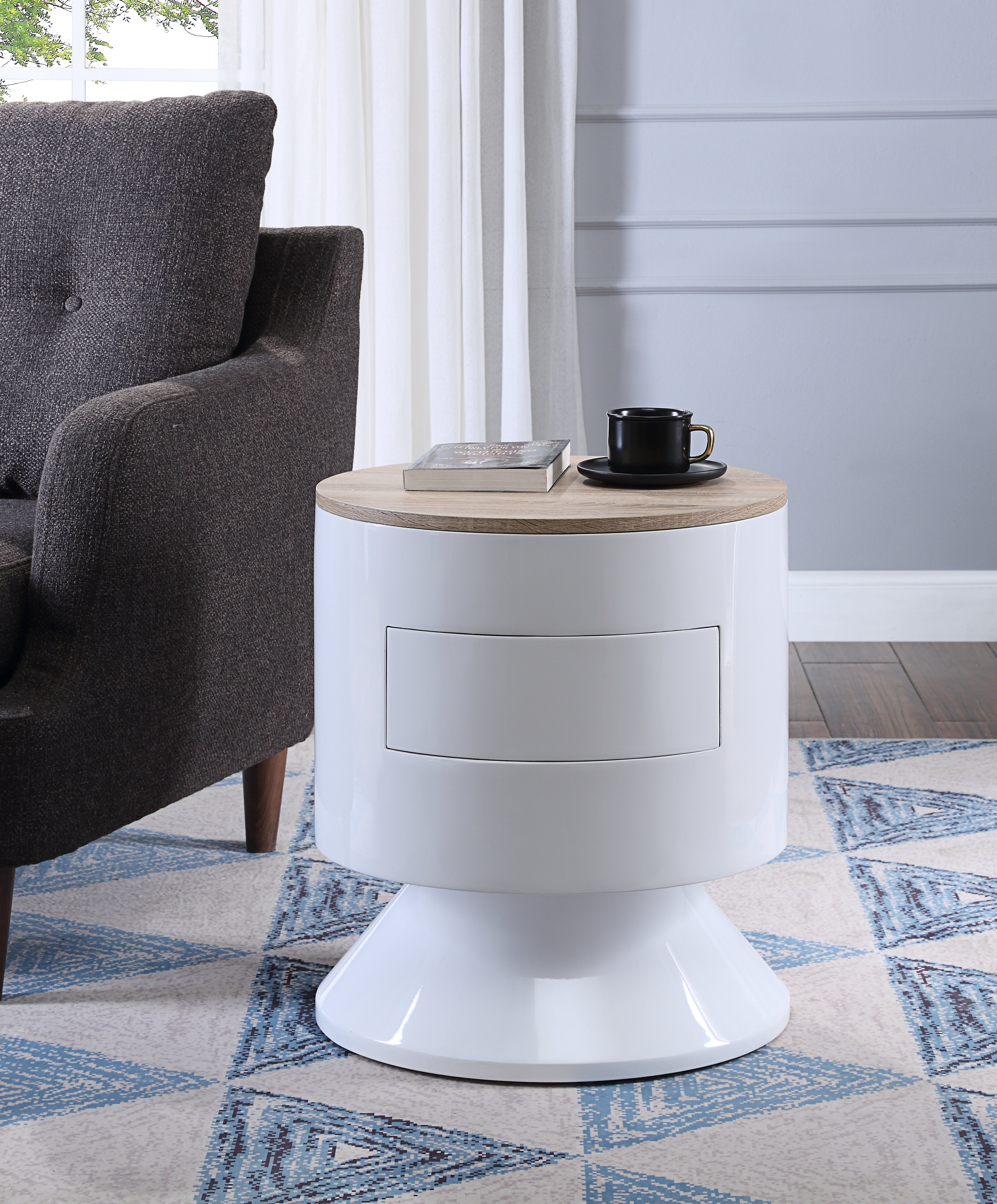 Orren Ellis Murtaz 1-Drawer Round Nightstand in White High Gloss | Wayfair