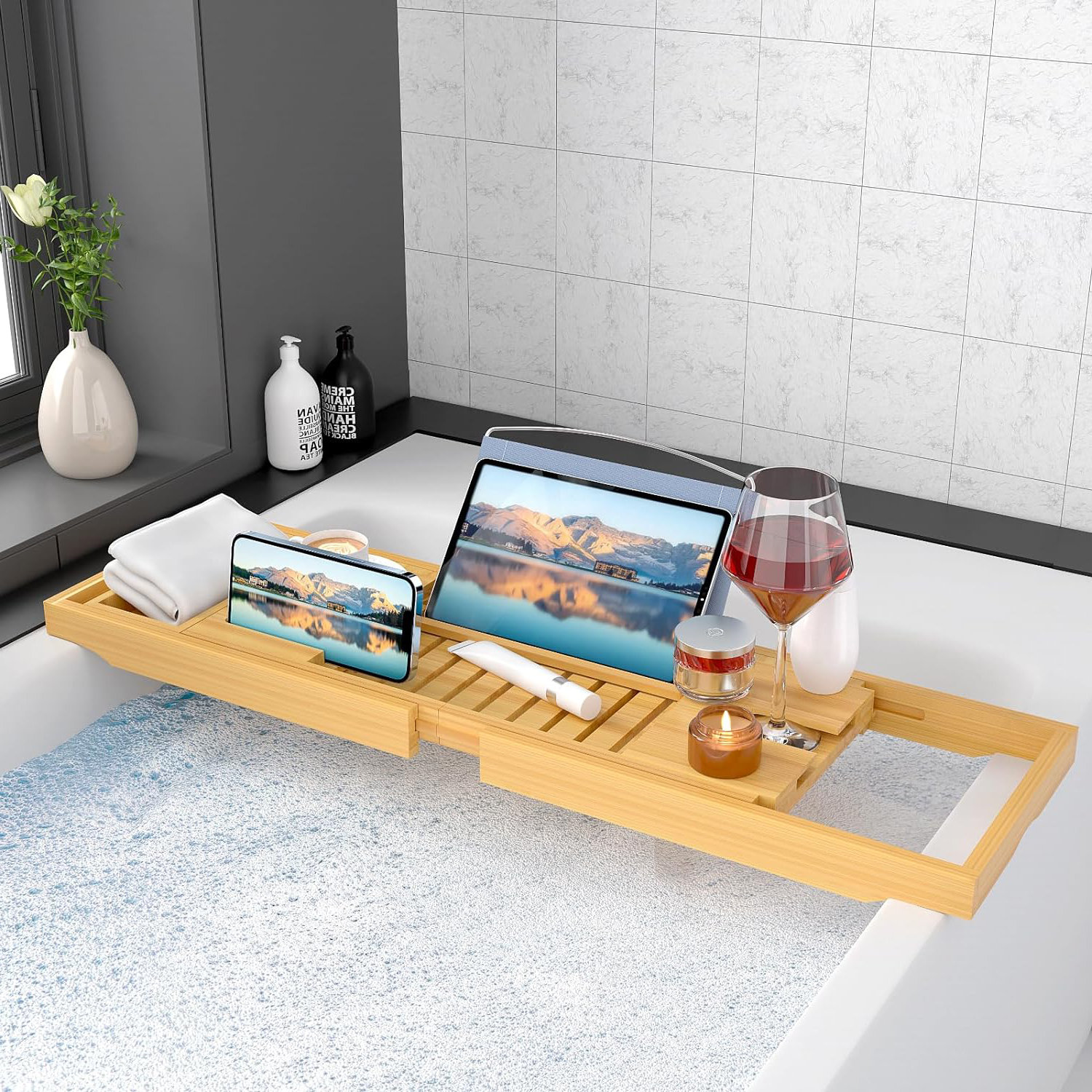 Lark Manor Bamboo Bathtub Tray Caddy, Wood Bath Tray Expandable with ...