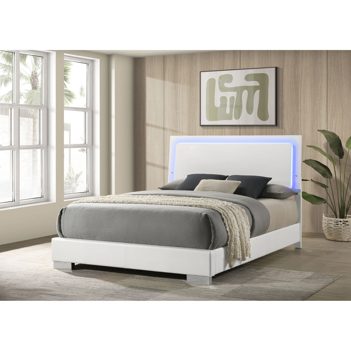 Ivy Bronx Strick & Bolton White High Gloss Wood Queen LED Panel Bed ...