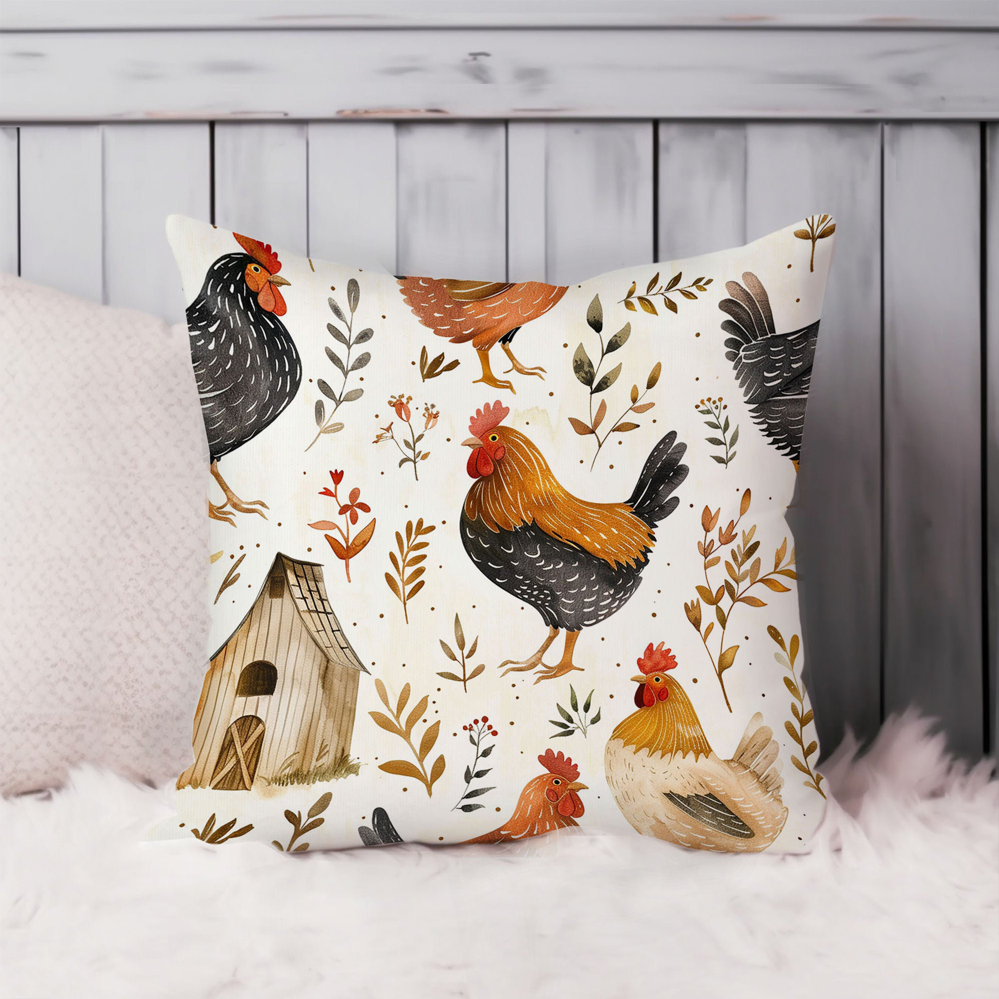 Ethan Taylor Animals Rustic Farmhouse Chickens Pattern VII Farm Animals Chicken Pillow Cover ...