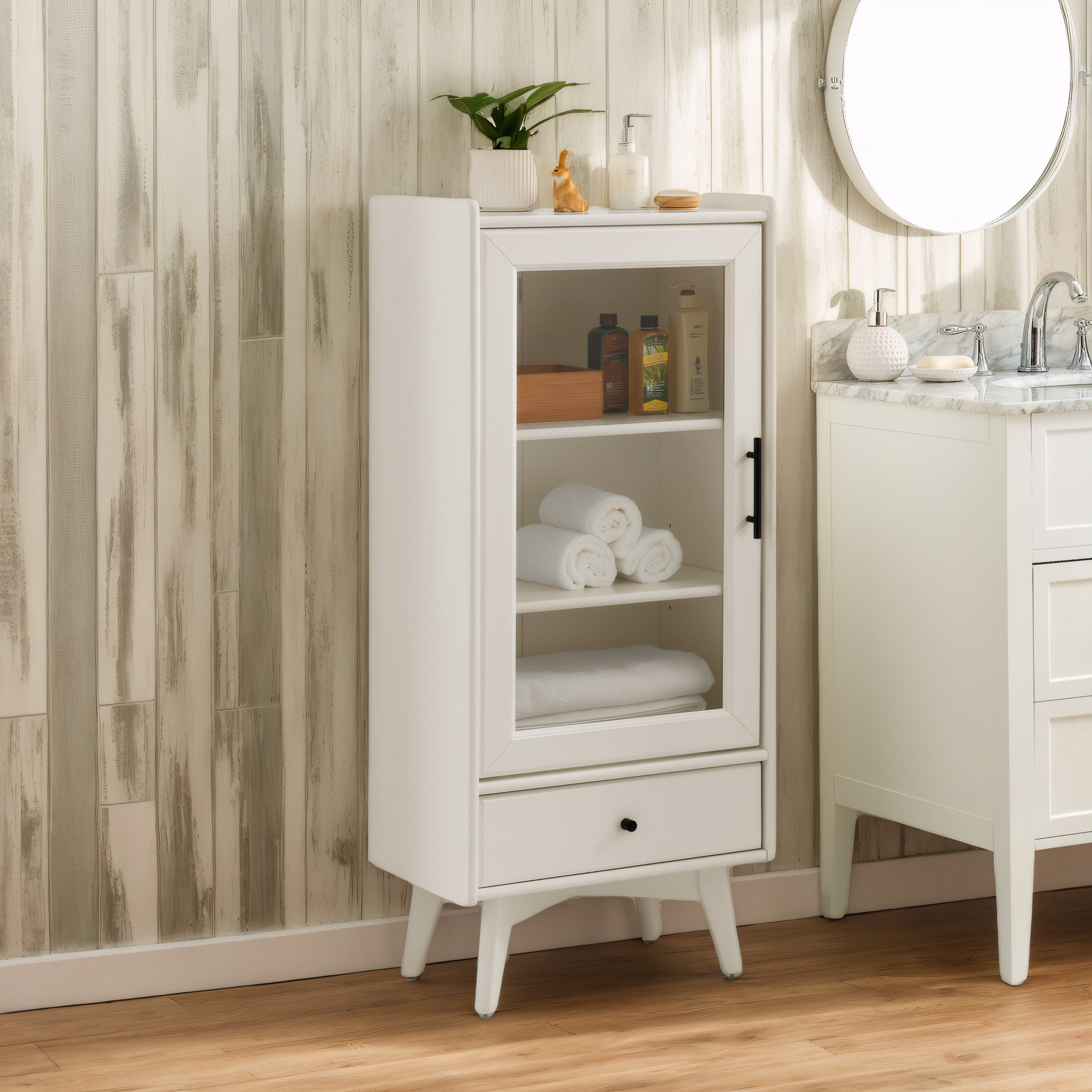 George Oliver White Modern Bathroom Cabinet w/ Glass Door, Adjustable ...