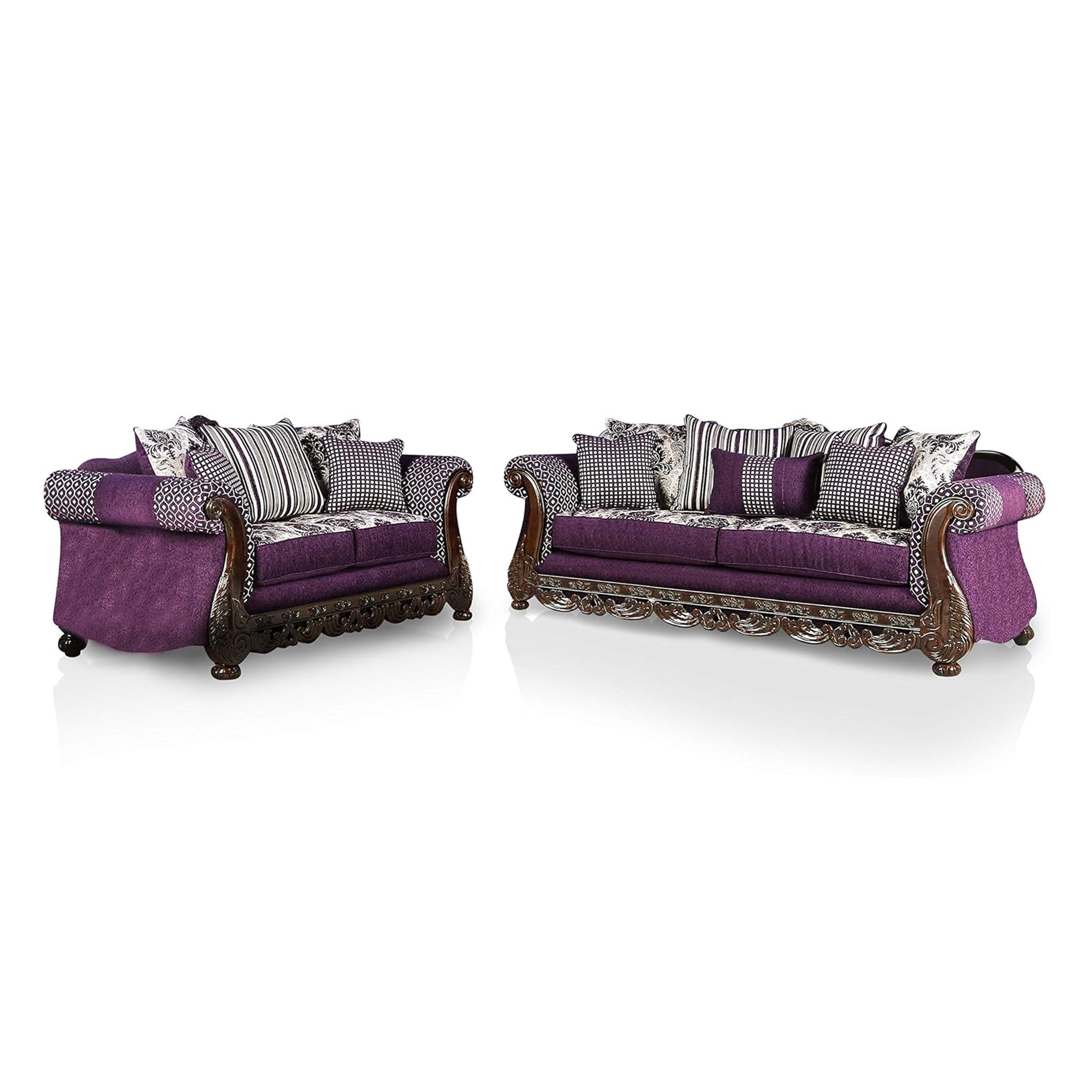 Benjara Milan 2Pc Sofa Loveseat Set, Purple Silver Chenille, 5 Throw Pillows | Wayfair