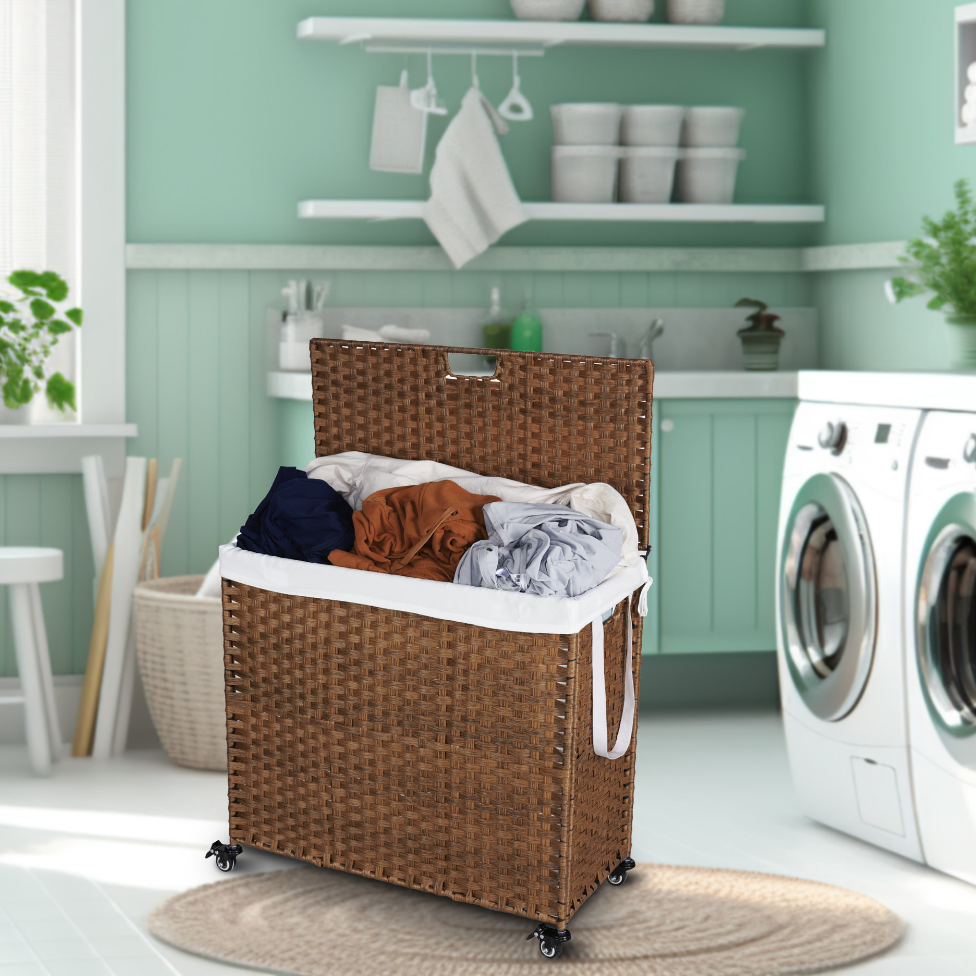 Highland Dunes Laundry Hamper With Lid PE Rattan Powder Coating Frame ...