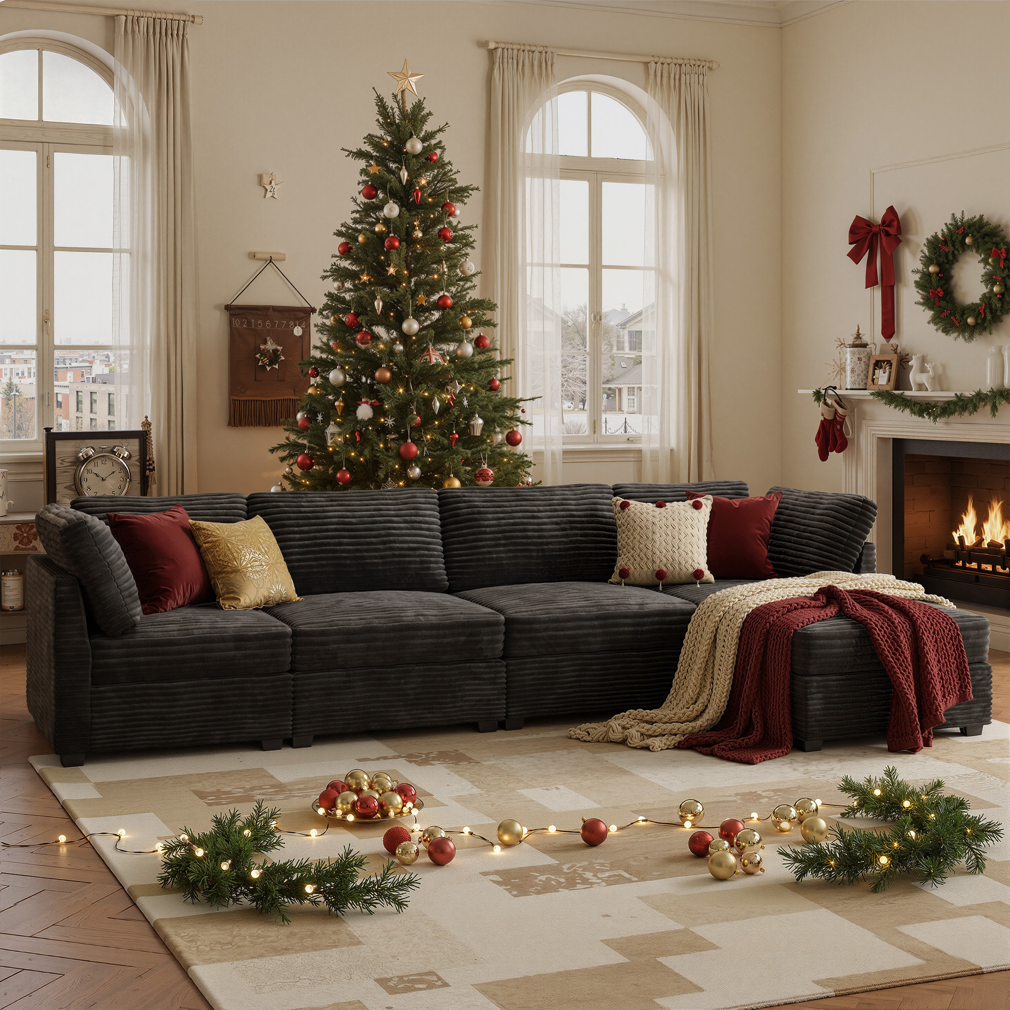 Mercer41 Seren 127.5"large Upholstered Sofa With Ottoman For Living ...