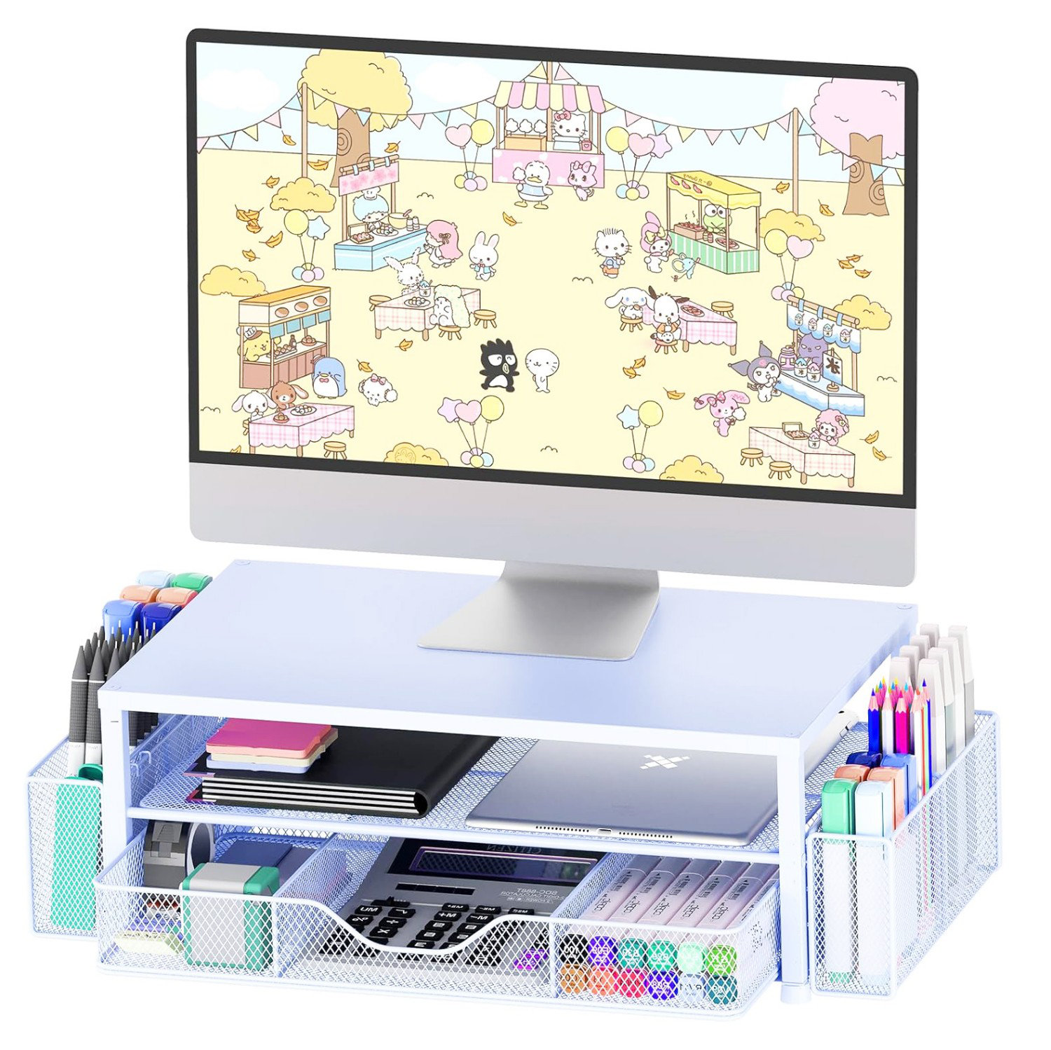 Brayden Studio® 2-Tier Computer Monitor Stand with Drawer and 2 Pen ...