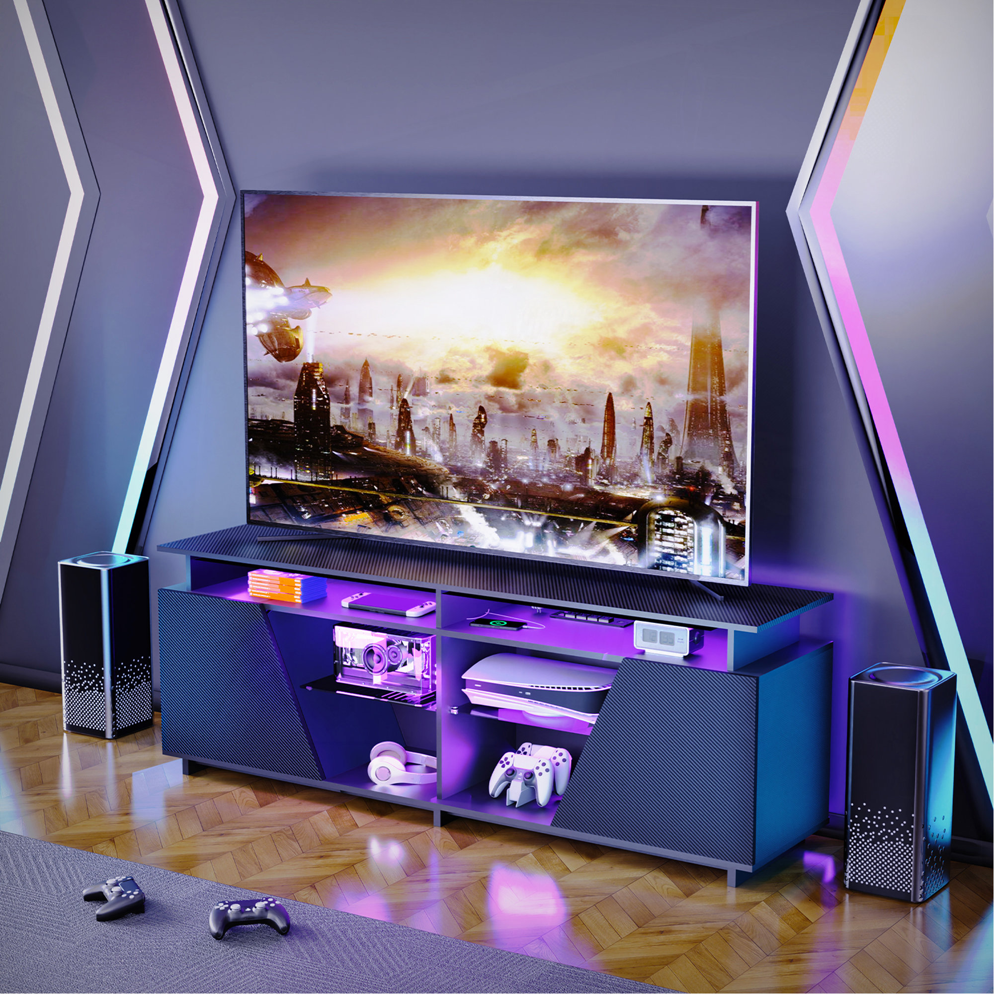 Wrought Studio™ Gaming TV Stand With Power Outlet For PS5, Stylish And ...