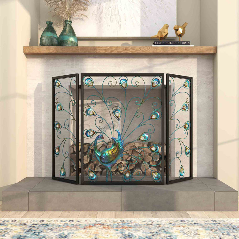 Bungalow Rose Odakotah Peacock Theme Metal 3 Panel Mesh Fireplace ...