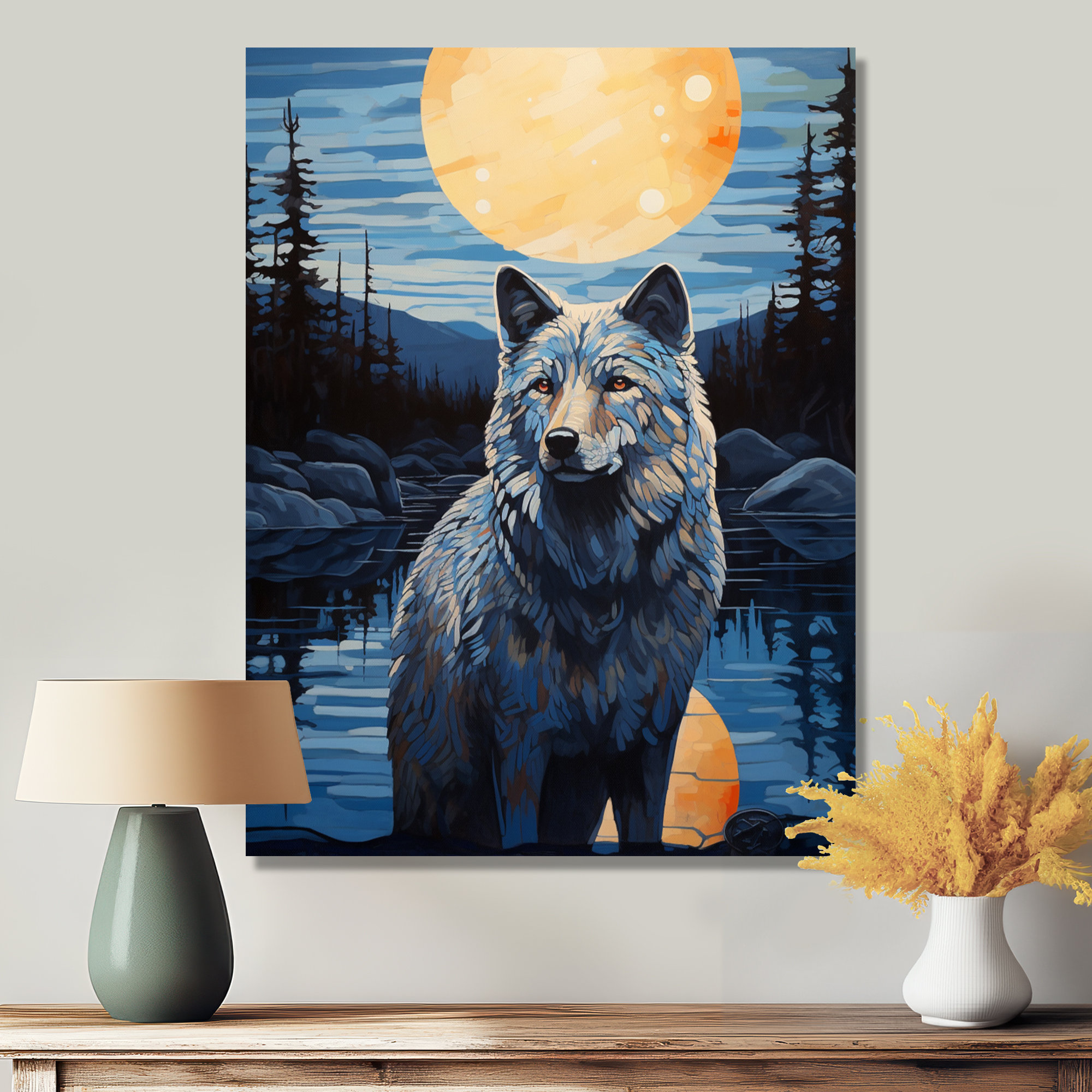 Design Art White Wolf Under Full Moon By Forest River - Wolf Animal ...