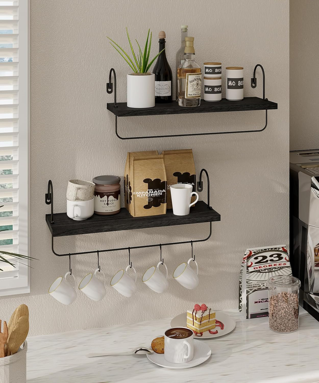 17 Stories Coffee Mug Holder, Coffee Bar Shelf With Hooks Wall Mount ...