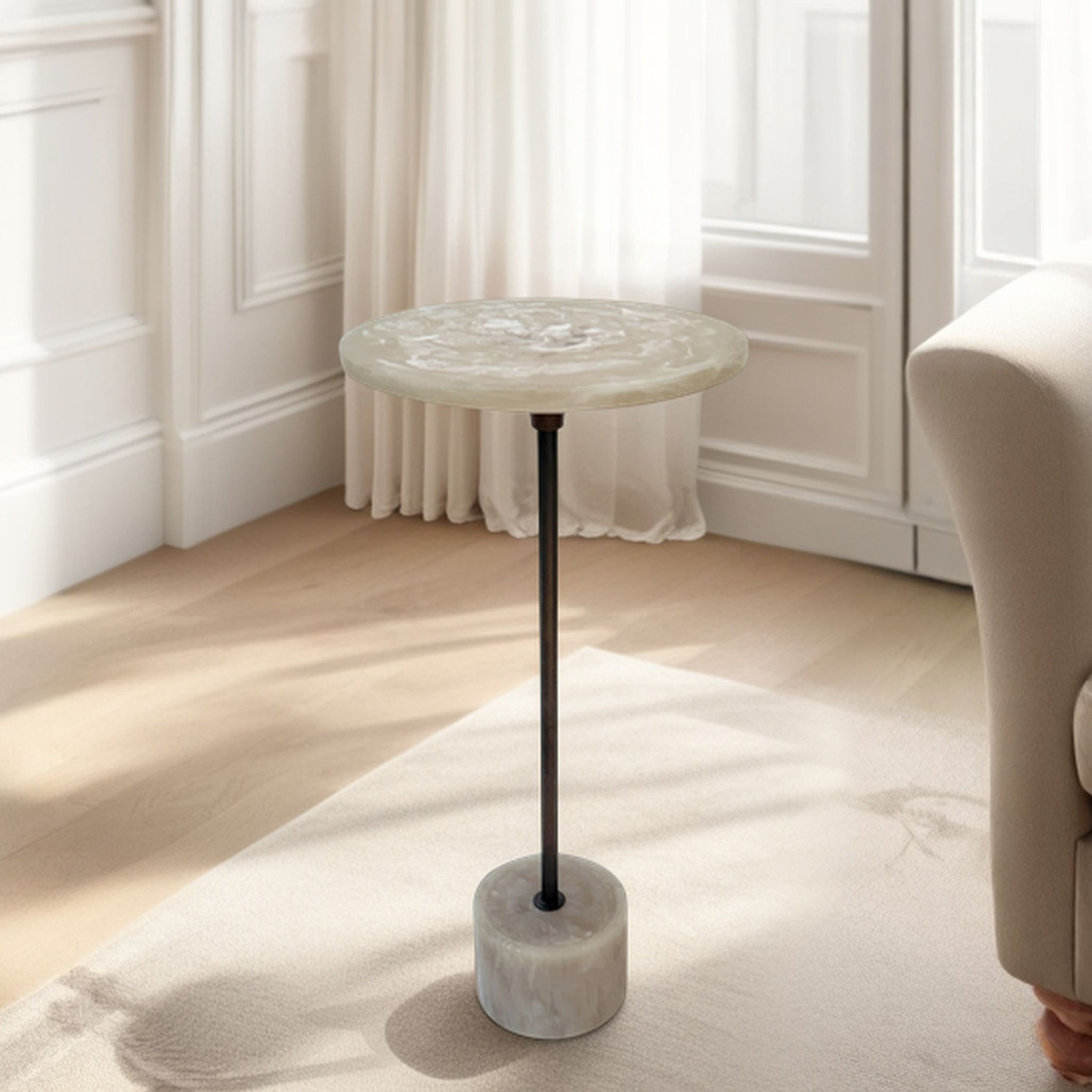 Wrought Studio™ Solace Round Accent Table - Resin Top and Iron Frame Pedestal Base Table Antique ...