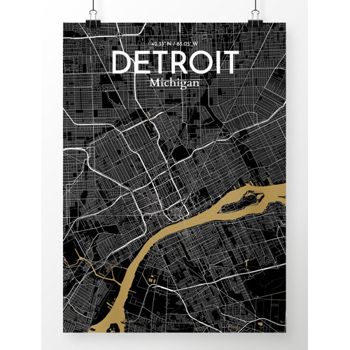 OurPoster.com 'Detroit City Map' Graphic Art Print Poster in Luxe | Wayfair