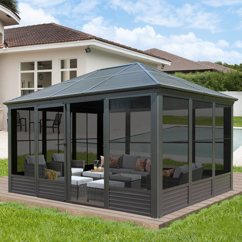 Domi Louvered 14.6 Ft. W x 11.2 Ft. D Aluminum Patio Gazebo Solarium ...